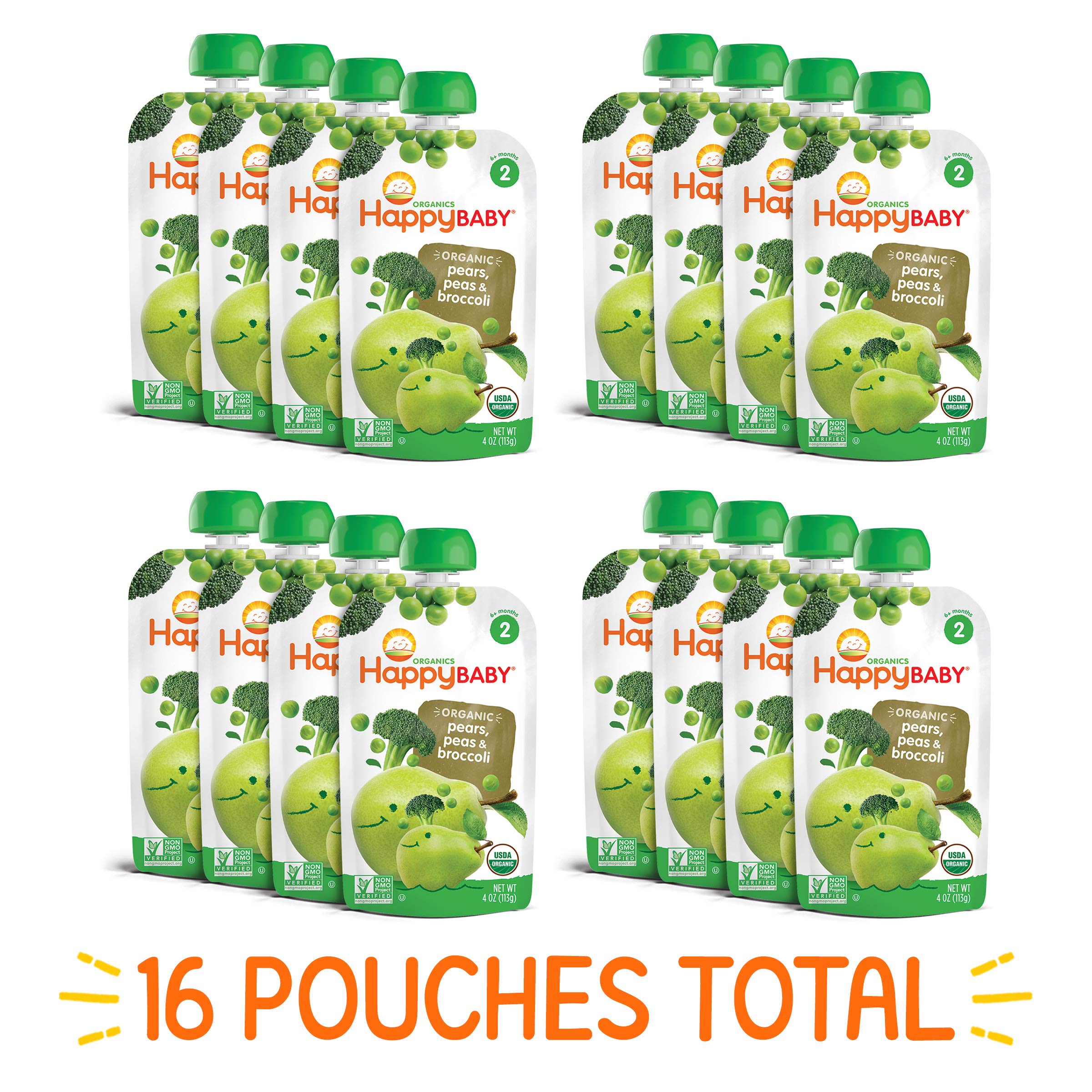 Happy Baby Organic Stage 2 Baby Food, Simple Combos, Broccoli, Pears & Peas, 4 Ounce (Pack of 16), 64 Ounce