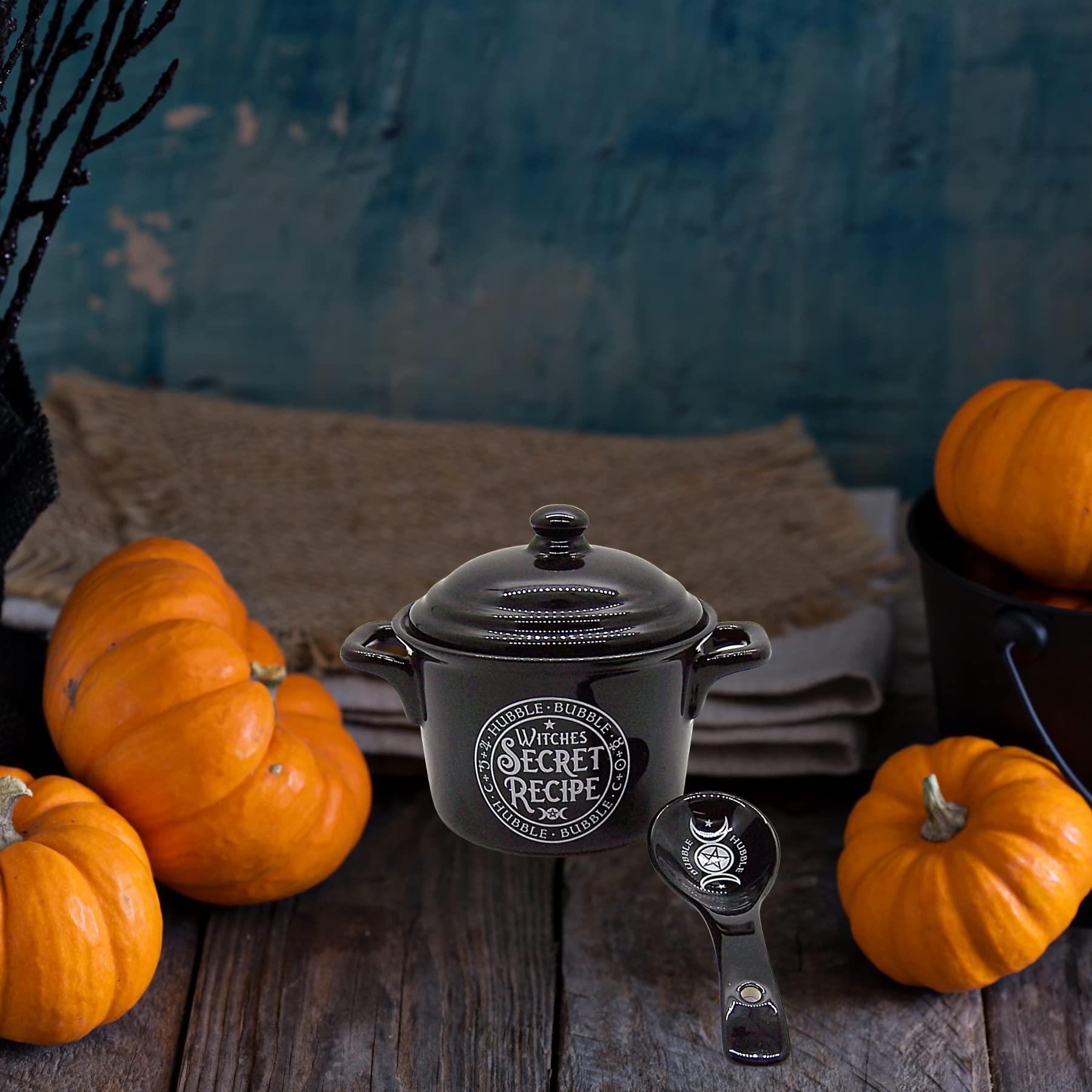 Alchemy Witches Secret Recipe Cauldron Lidded Bowl and Spoon Set, Gothic Kitchen Serveware, 4.75 Inches