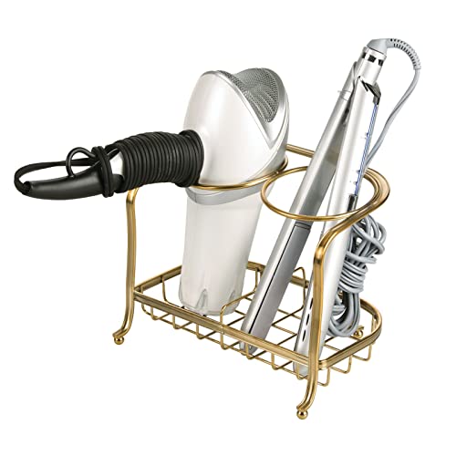 mDesign Steel Bathroom Countertop Hair Tool Storage Organizer Accessory Basket Tray, Vanity Table Holder for Hair Dryer, Flat and Curling Irons, Styling Products, Hyde Collection, Soft Brass