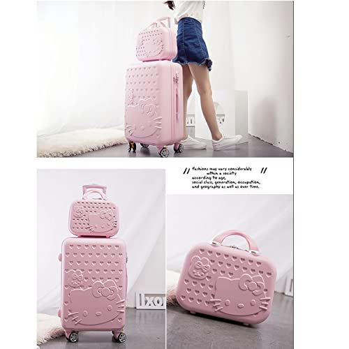 MUNROU Hello Girls Kitty Rolling Luggage Cute Pink Hardshell Carry On Suitcase with Wheels