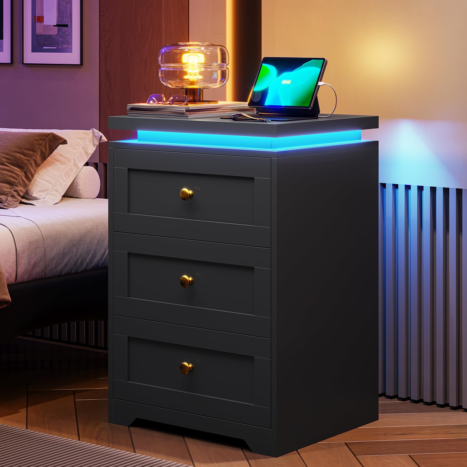 AOGLLATI Black Night Stand Set of 2, Nightstand Set 2 with Charging Station & 3 Drawers, Modern Bedside Table with LED Lights, Wooden LED End Side Tables for Bedroom, Unique Top Design
