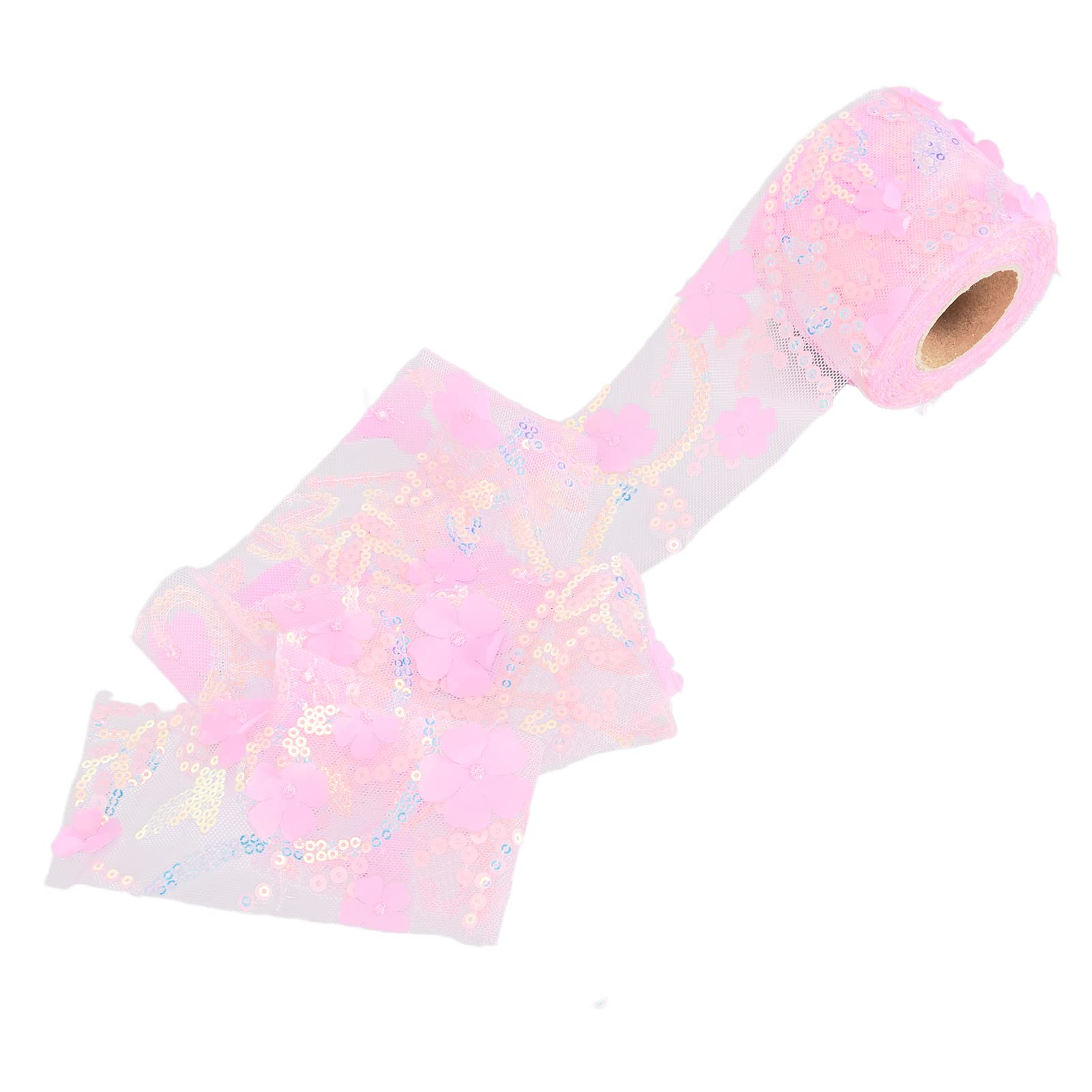 Wene Tulle Roll, Spool Tulle Fabric Shiny Flexible Embroidered Sequins Flowers for DIY Clothing for Handicraft Decoration(Deep Pink)