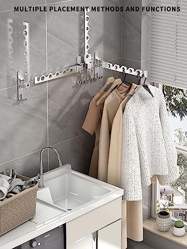 Dr.DJ Wall Hanger for Clothes, Coat Hanger Wall Mounted Silver Retractable Clothes Drying Organizer Rack Garment Hooks Aluminium Folding Indoor Wall Wall Hanger Space Save (2 Racks)