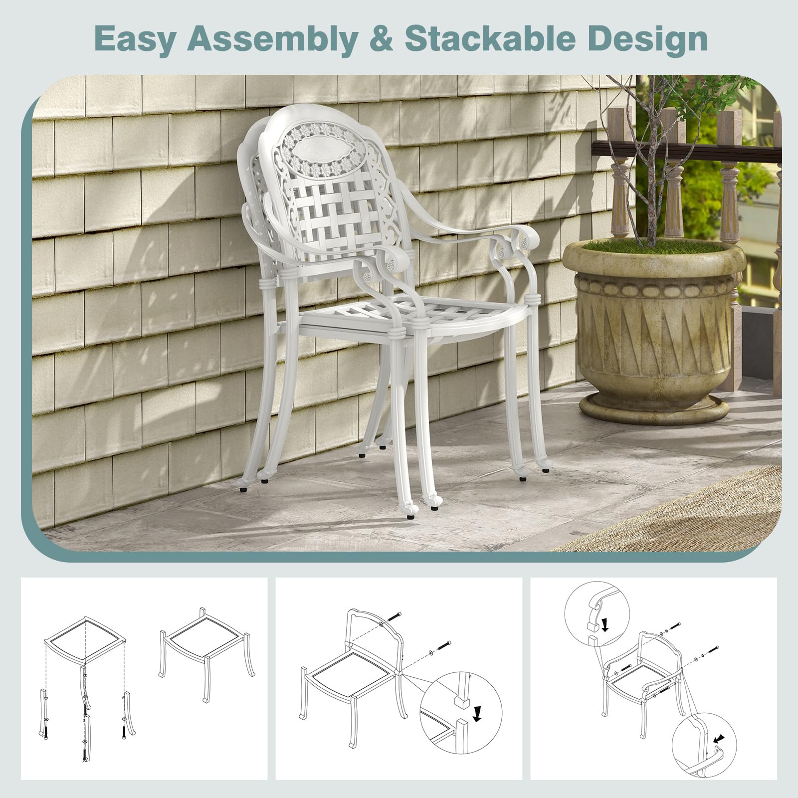 Giantex Stackable Outdoor Chairs Set of 2, All Weather Cast Aluminum Patio Chairs for Lawn Porch Garden Yard, Bistro Dining Chairs with Armrests, Adjustable Foot Pads, Easy Assembly (1, White)