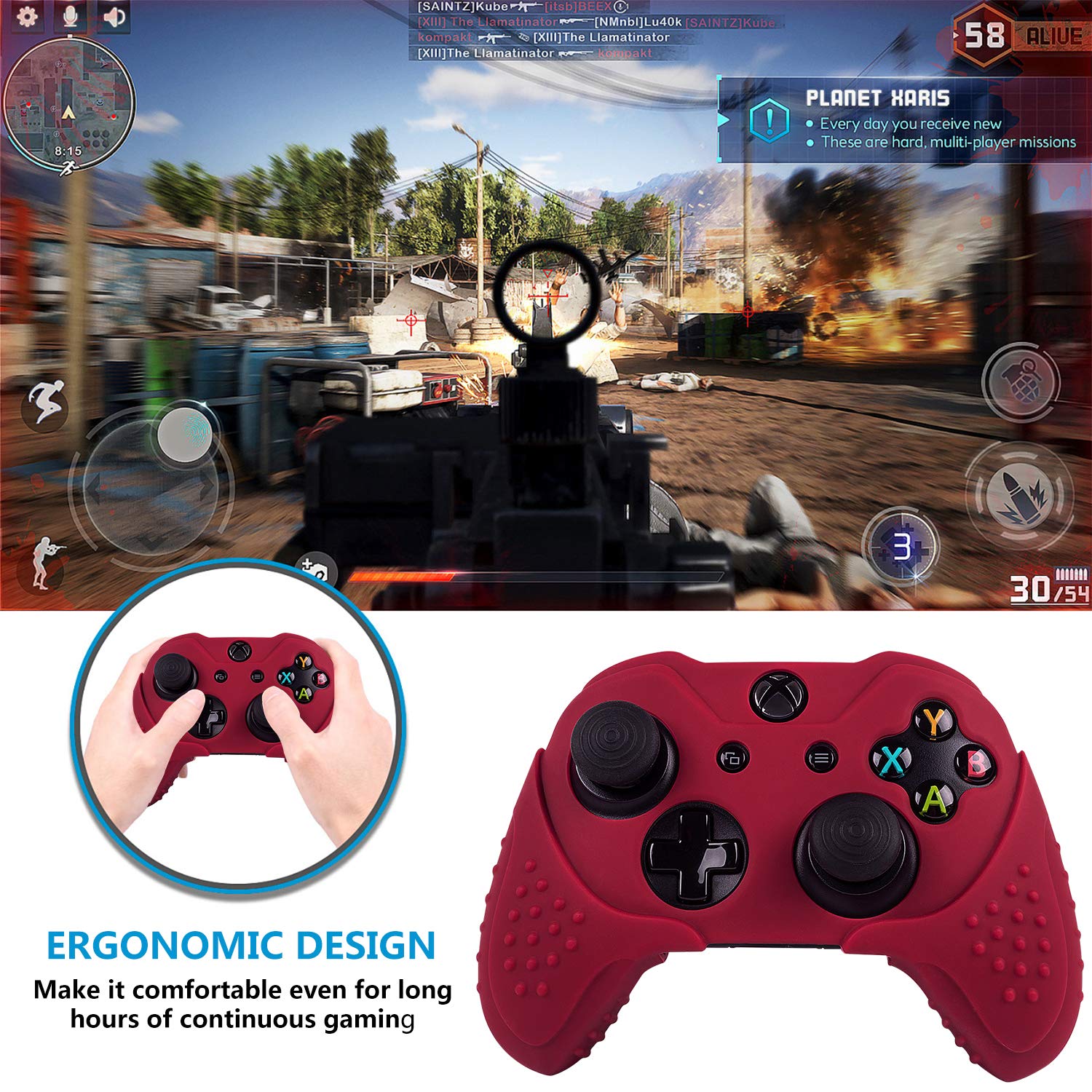 Cybcamo Silicone Skin Cover Grip Set for Xbox One X & One S Controller, Anti-slip Protector Case for Microsoft Xbox 1 Controller with 8 Thumbstick Caps (Red)
