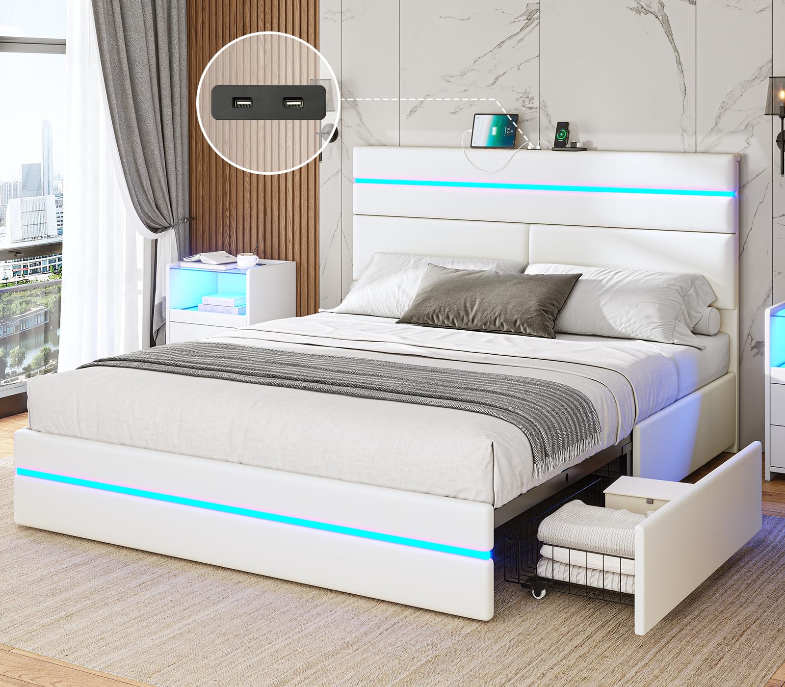 AOGLLATI Twin Bed Frames with 4 Storage Drawers & Headboard, Led Bed Frame Twin with Charging Station, Upholstered Twin Bed with Storage, No Box Spring Needed, White