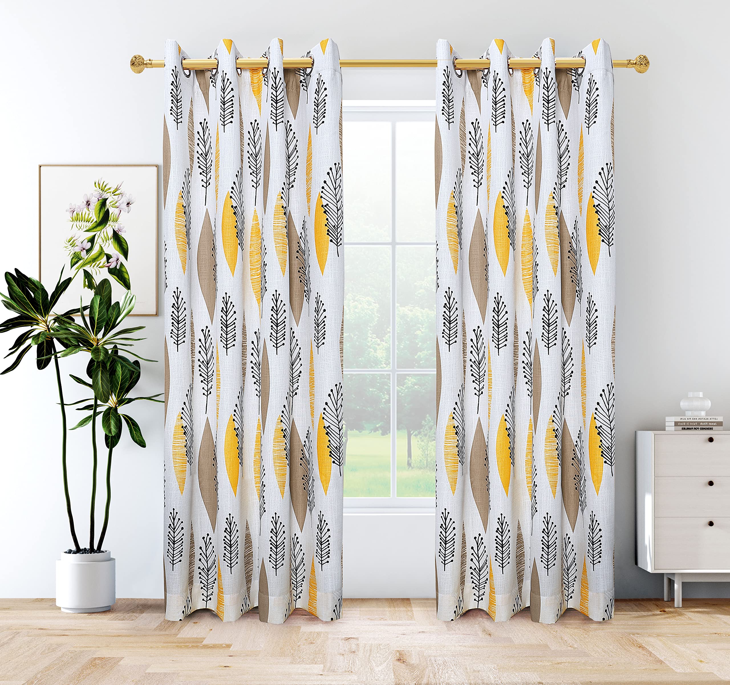 Cherry Home Modern Leaves Room Darkening Blackout Curtain Pairs Panel Heavy Drapes for Living Room Grommet Top Draperies Yellow,2 Panels with 2 Matching Pillow Case,52 Inch by 84 Inch