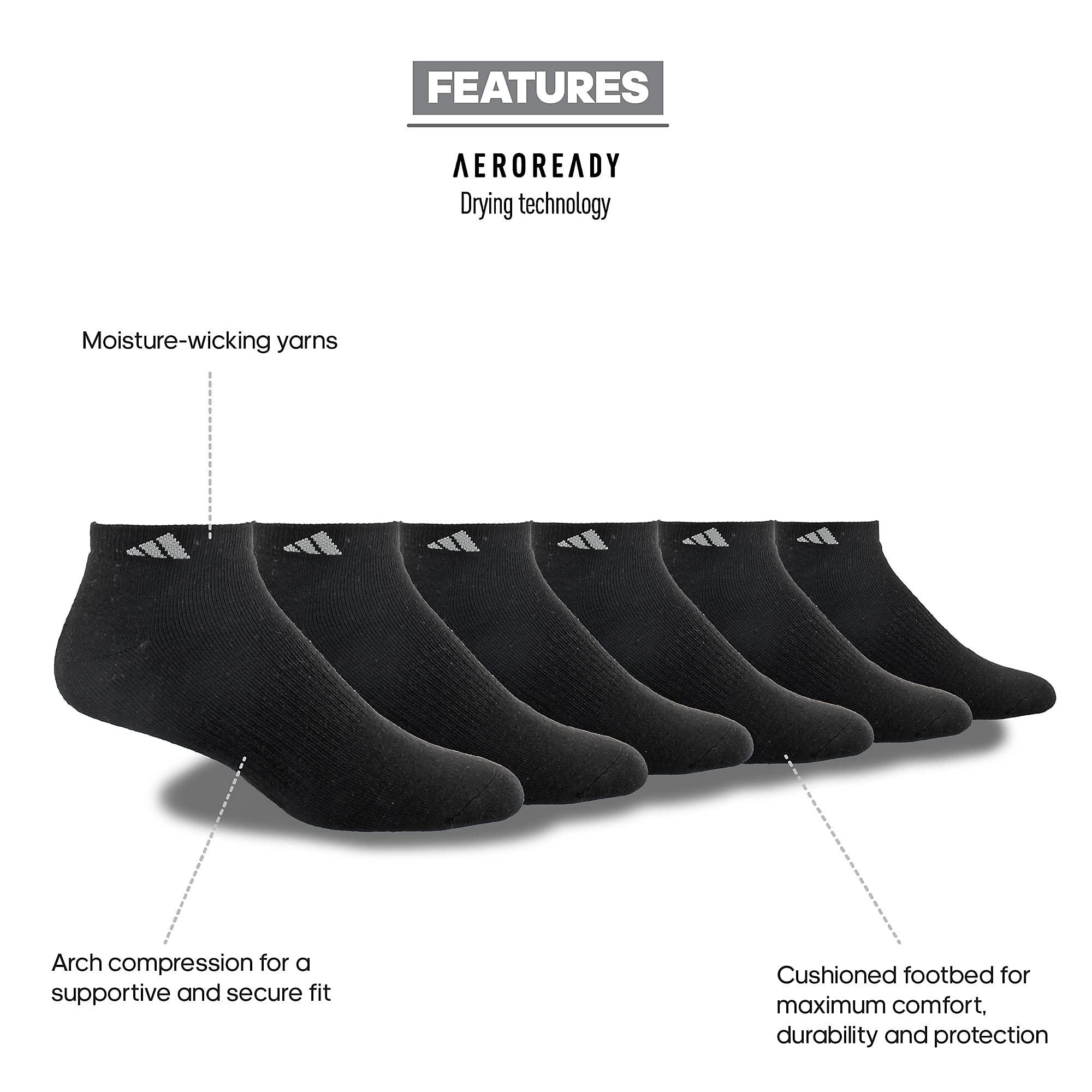 adidas mens Athletic Cushioned (6-pair) Low Cut Sock, Black/Aluminum 2, X-Large US