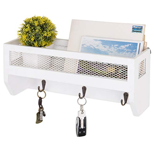 MyGift 16-inch Country Rustic White Wood & Metal Wall-Mounted Storage Wire Mesh Basket Rack w/Key Hooks