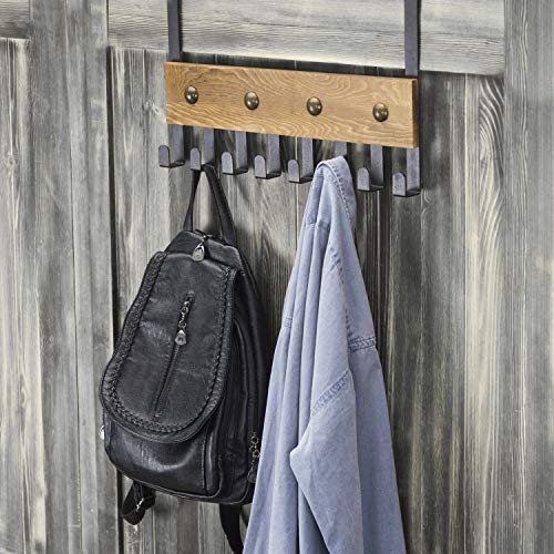 MyGift Burnt Wood Over The Door Hook Rack Bathroom Towel Rack with 8 Black Metal Hooks