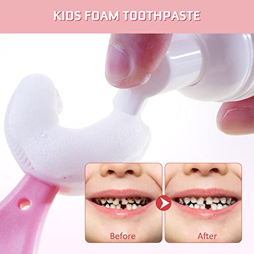 Foam Toothpaste Kids, Children Whitening Toothpaste with Low Fluoride & Natural Formula to Reduce Plaque, Toddler Foaming Toothpaste for U Shaped Toothbrush for Kids Ages 3 and Up (Strawberry&Orange)