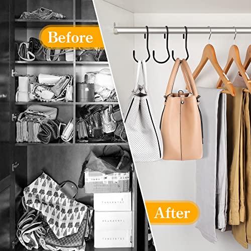 Fitnice 10 Pack Purse Hanger for Closet, S Hooks for Hanging Twisted Purse Hooks Heavy Duty S Hooks Handbag Hanger Organizer Space Saving Closet Rod Hooks for Clothes, Bags, Plants, Pans, Pots (Black)