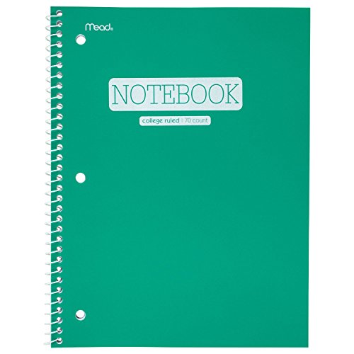 Mead Spiral Notebook, 1 Subject, College Ruled Paper, 70 Sheets, 10-1/2" x 7-1/2", Plastic, Color Selected For You, 1 Count (07178)