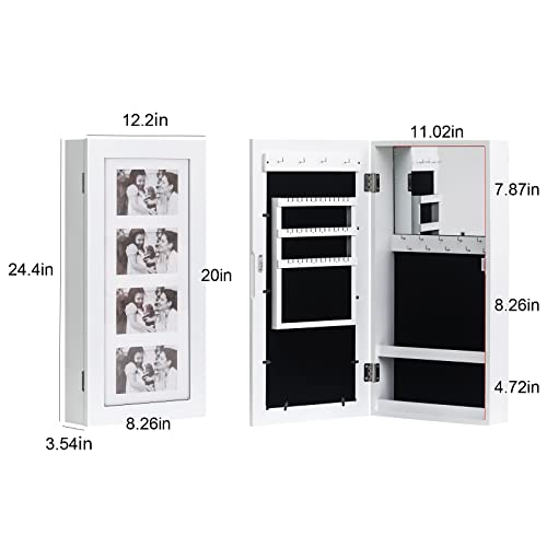 Bonnlo Jewelry Armoire with Photo Frame, 23.62 x 11.81 x 3.55 inch, Small Storage Jewelry Cabinet Organizer, Wall Mount (white)