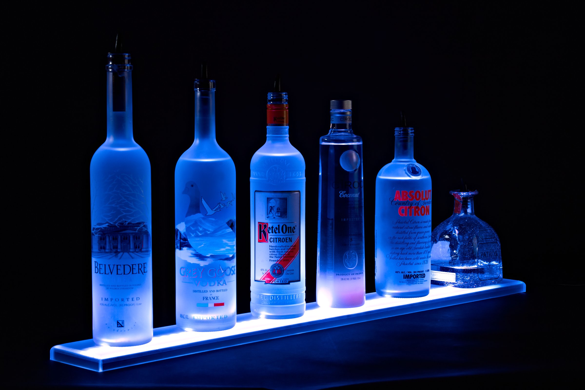 Armana Productions Liquor Bottle Shelves 60", Wall Mount LED Lighted Bottle Shelf, 5' Liquor Bottle Shelves, Wall Mounted Wine Shelf