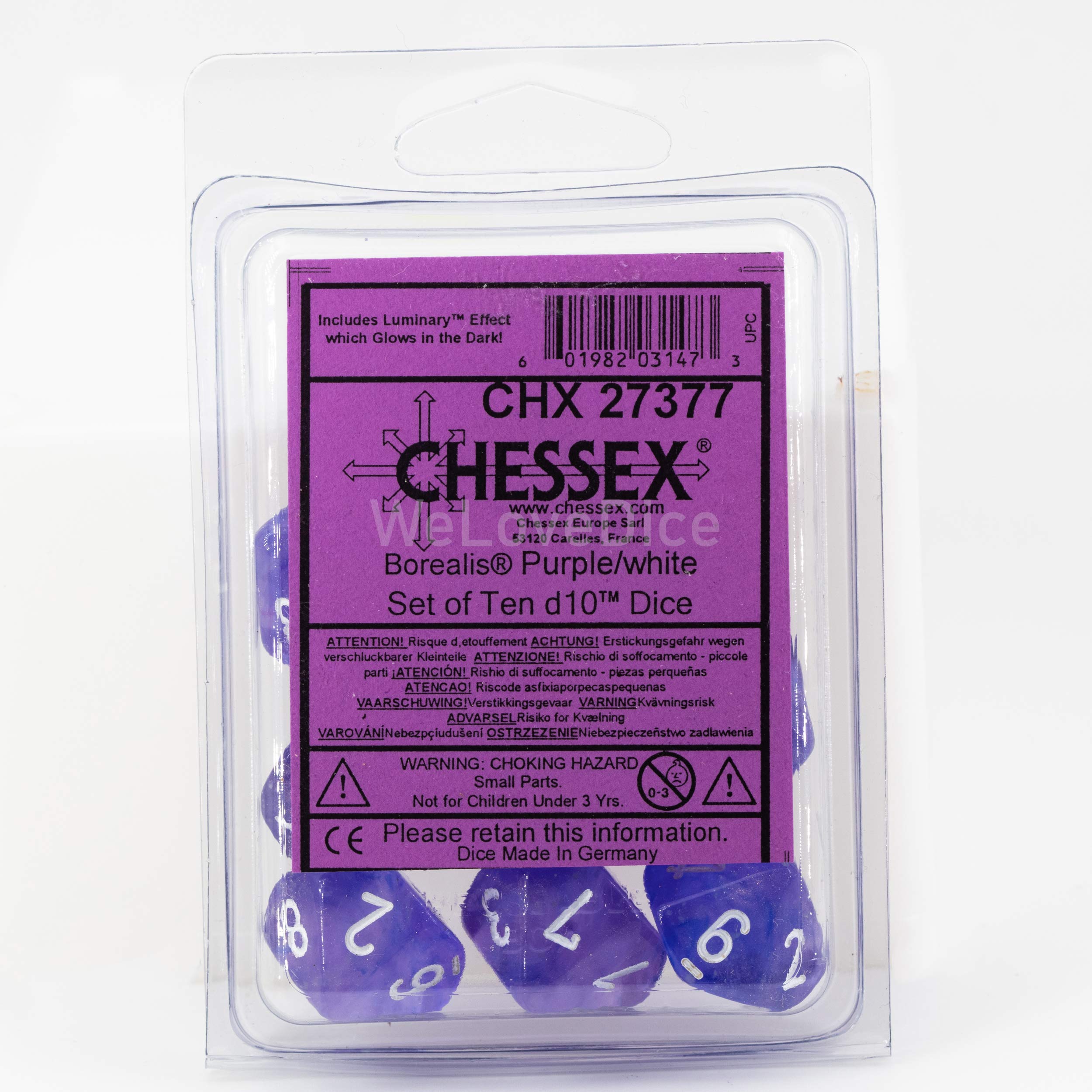 Chessex Borealis Purple/White Luminary Set of Ten d10s (27377)