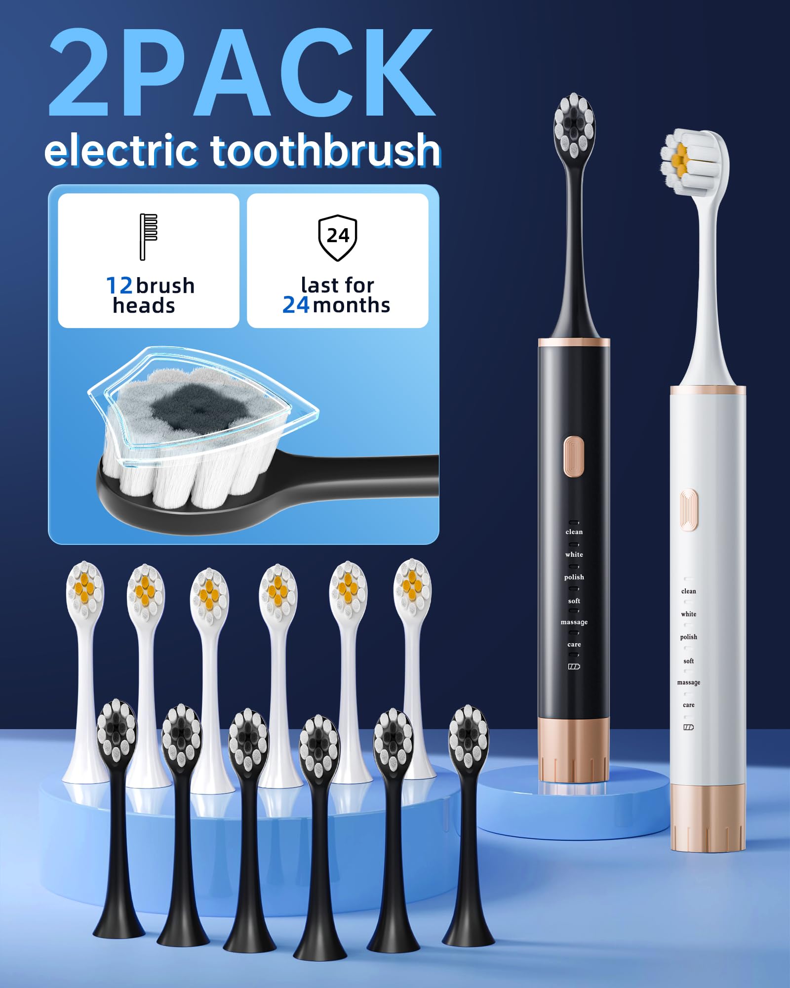 Aneebart Sonic Electric Toothbrush 2 Pack,Electric Toothbrush for Adults,Travel Electric Toothbrush Includes 12 Brush Heads,IPx8 Waterproof (Black & White )