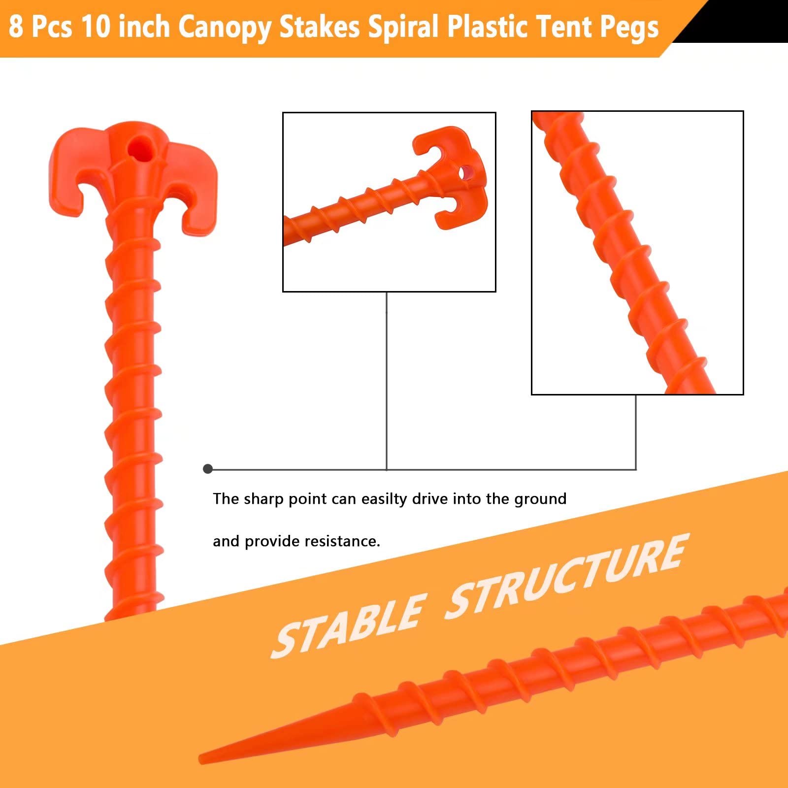 8 Pcs 10 inch Canopy Stakes Spiral Plastic Tent Pegs with 10PCS 6inch Ball Bungee Cords Red Elastic String Cord with Black Ball