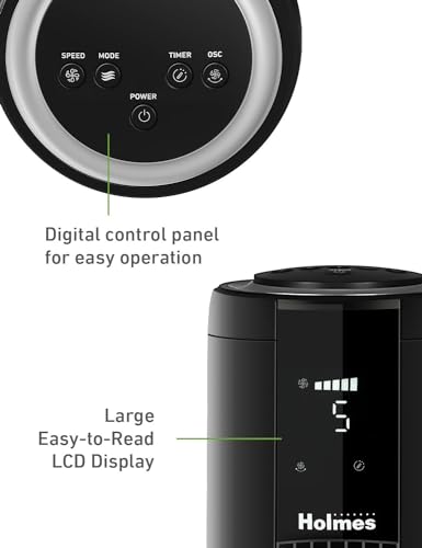 HOLMES 42" Digital Tower Fan, ClearRead Display, 90° Oscillation, 5 Speeds, 4 Modes, 8-Hour Timer, Home, Bedroom or Office, Remote Control, Matte Black
