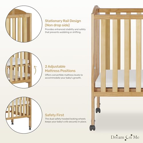 Dream On Me 2 in 1 Portable Folding Stationary Side Crib in Natural, Greenguard Gold Certified , 40x26x38 Inch (Pack of 1)