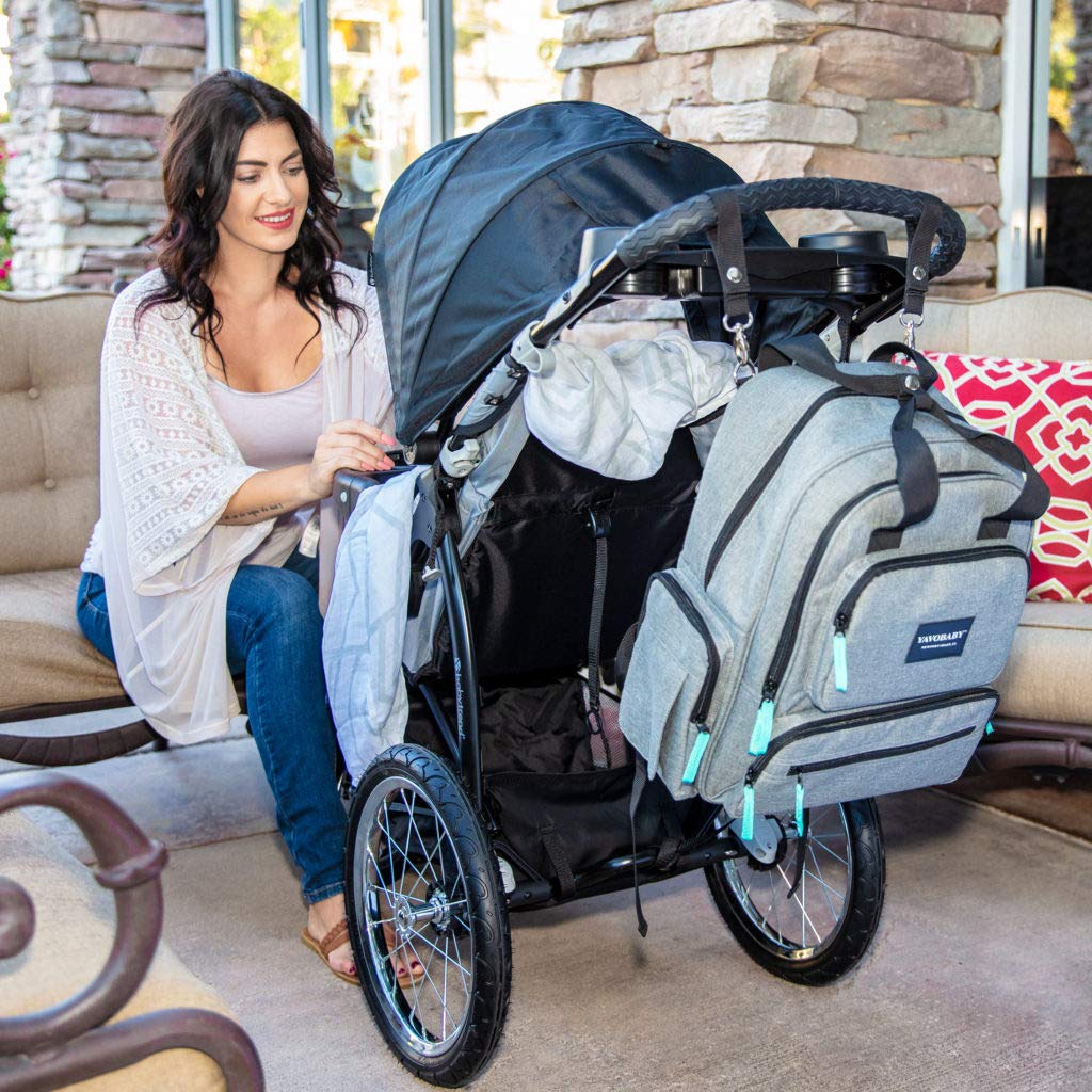 YavoBaby Diaper Bag Backpack - Large Capacity 18 Pocket Multi-Functional Unisex Diaper Bag - Extremely Durable and Stylish - Includes Changing Pad, Stroller Straps, and Nursing Pouch -Gray w/Teal Tags