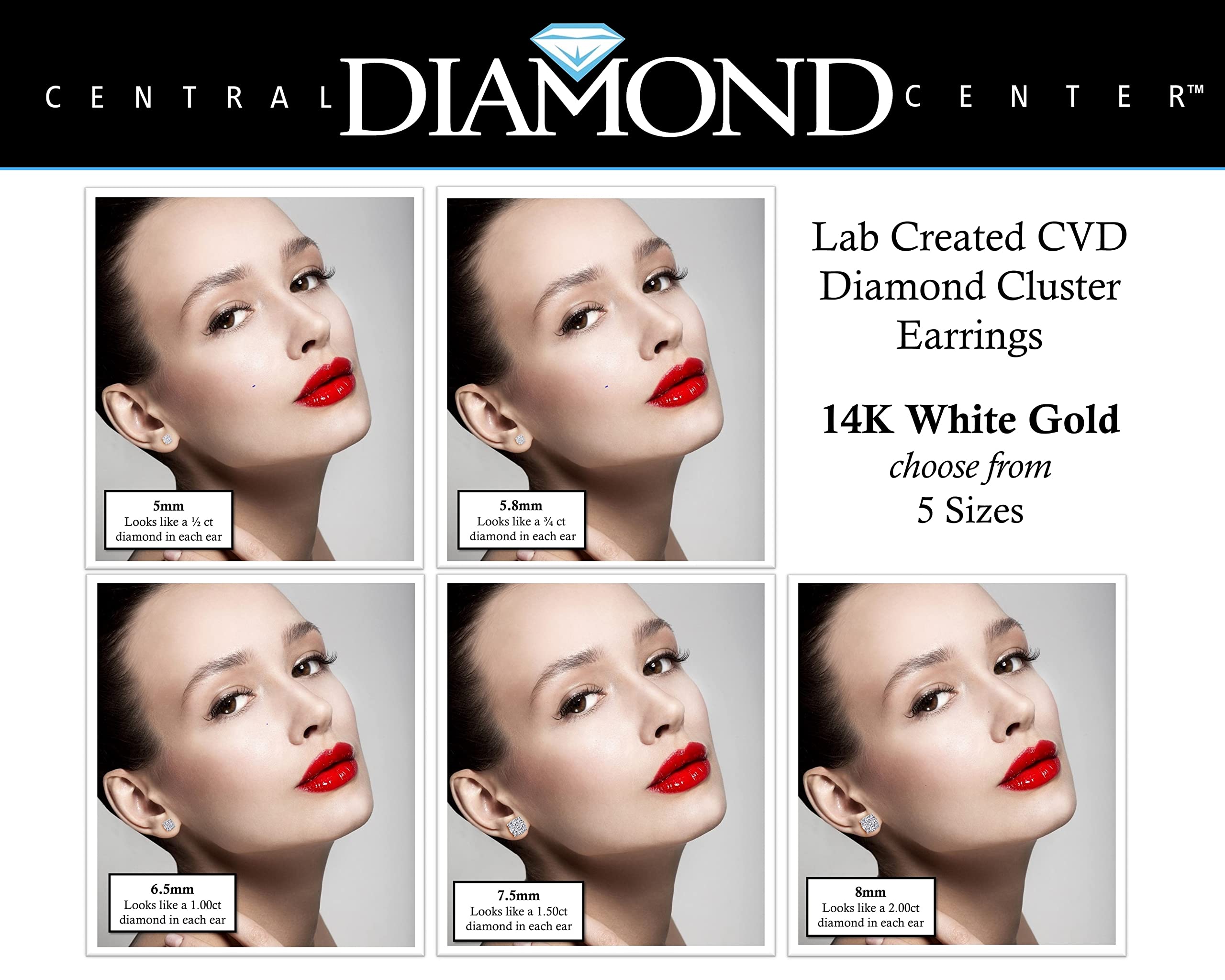 9 Stone Lab Created CVD Diamond Cluster Stud Earrings - 5.0mm 1/4ctw - Solid 14K White Gold