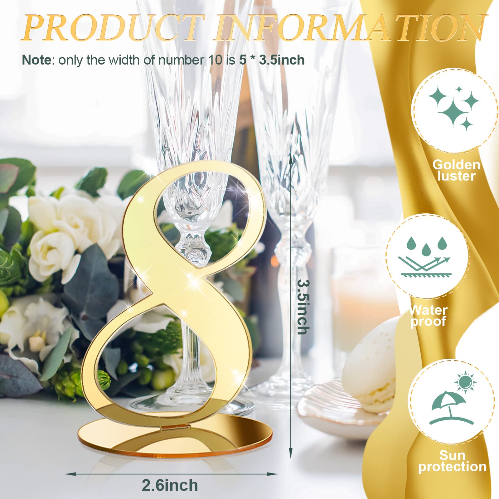 Yalikop Table Numbers Table Numbers for Wedding Reception Wedding Gold Wedding Table Numbers with Holder Elegant Mirror Table Numbers for Wedding Party Birthday Anniversary Event Catering (Gold)