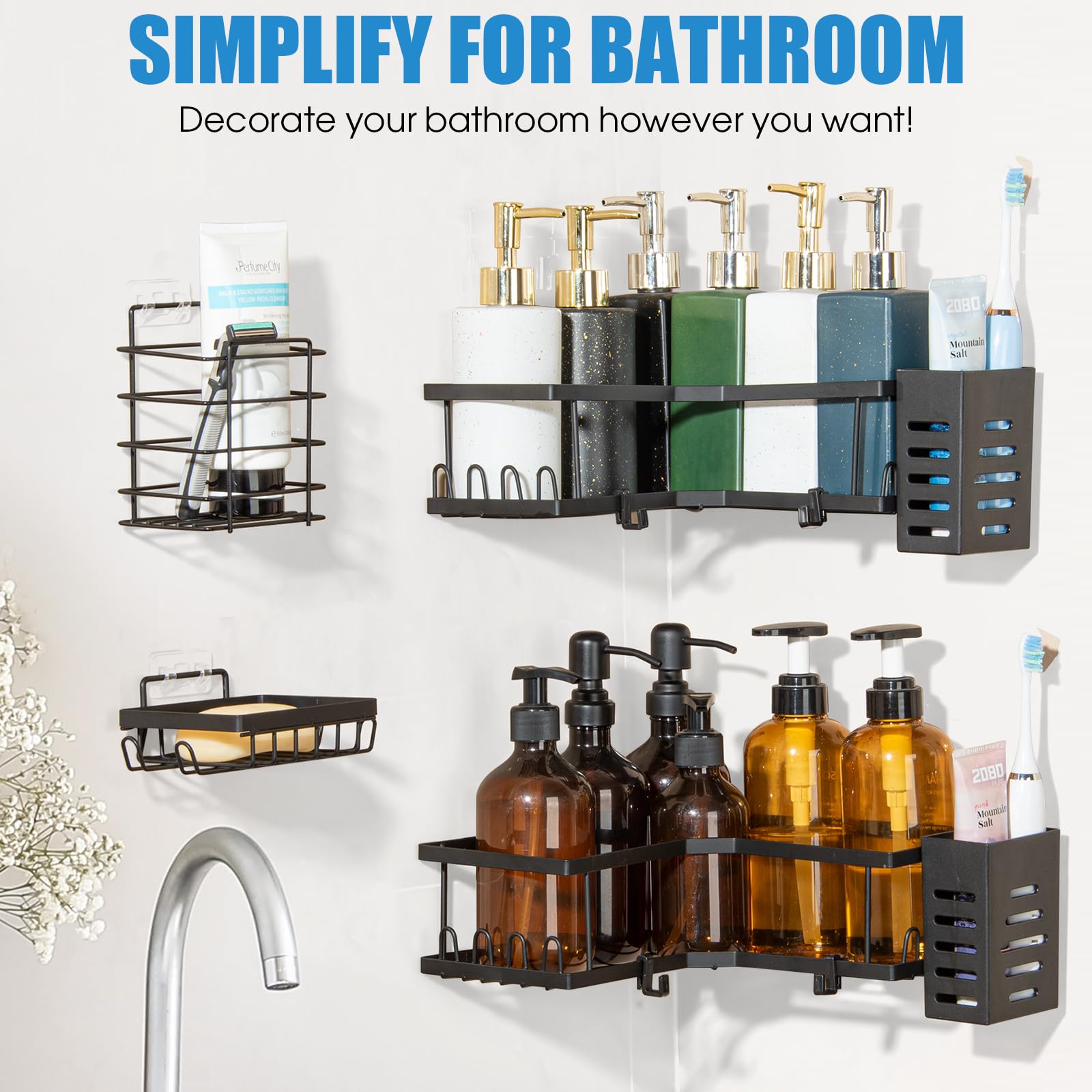 BukSuk Corner Shower Caddy, 4-Pack Adhesive Shower Caddy, Shower Organizer with Toothpaste Holder, Rustproof Stainless Steel Shower Storage Rack with Hooks, No Drilling Bathroom Organizer, Black