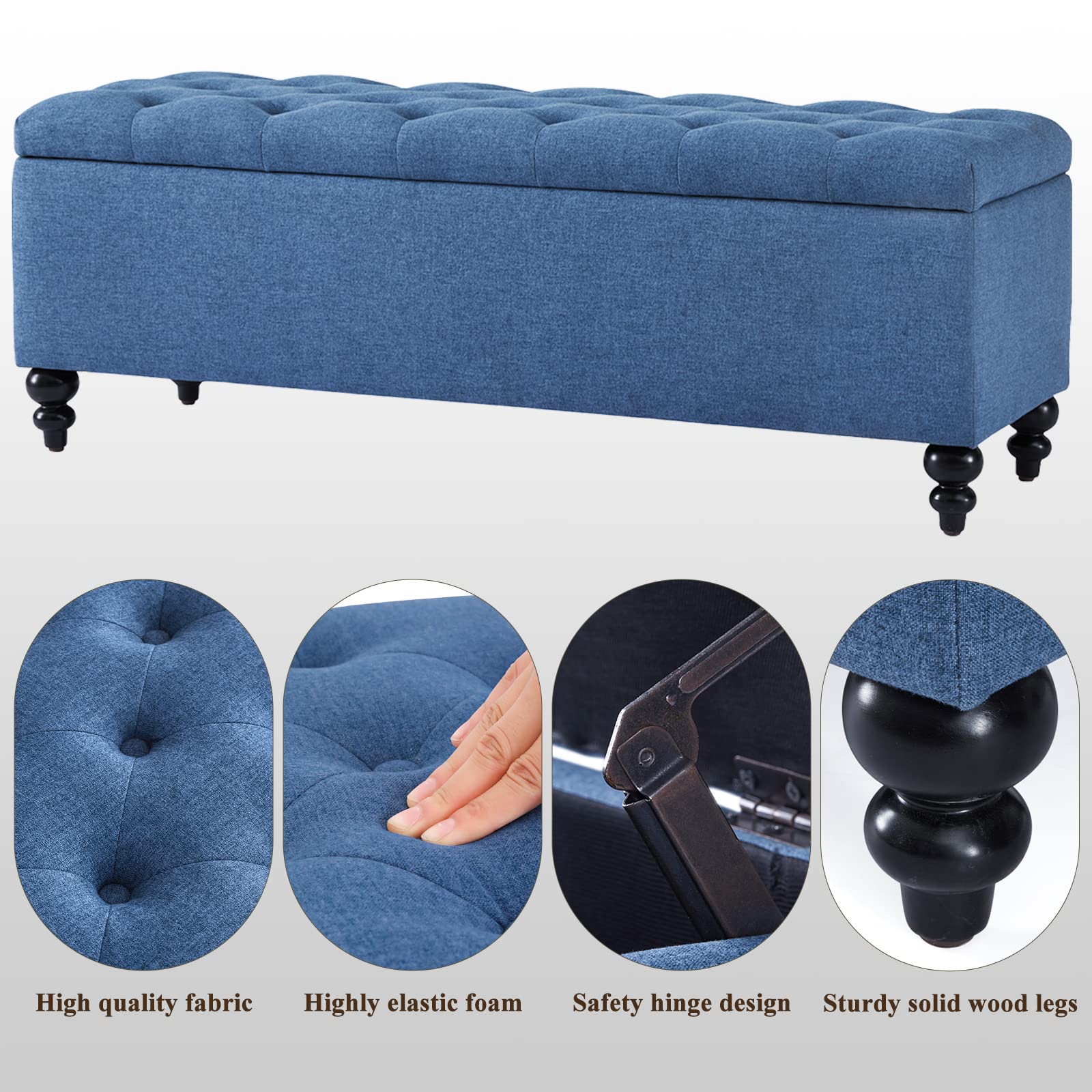 Storage Ottoman 50.2 Inches Upholstered Fabric Storage Ottoman Bench,Button Tufted Ottoman with Storage for Living Room,Bedroom End of Bed Bench Withstands 302lbs (Blue)