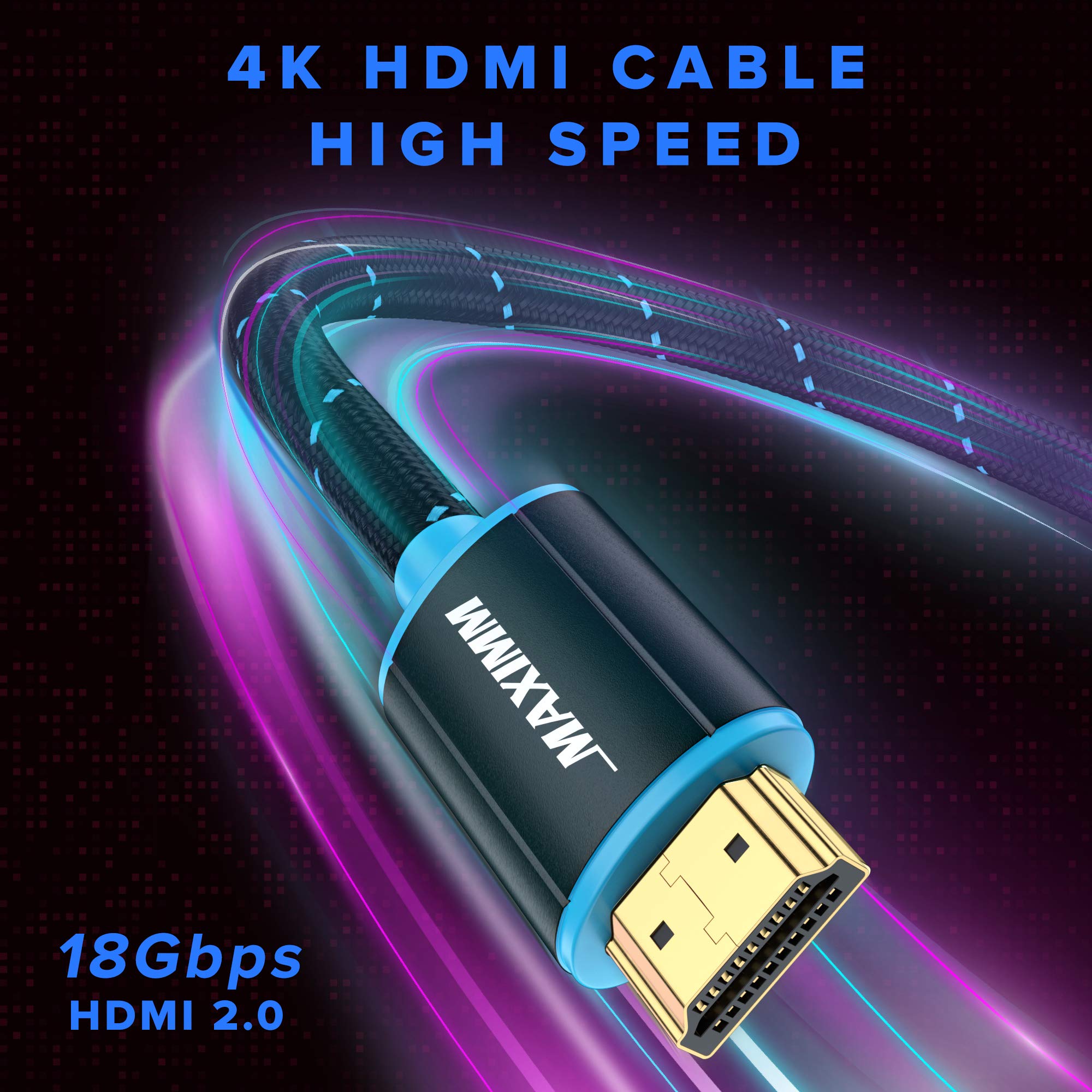 HDMI Cable 4K Ultra HD 12 Foot (3 Pack) Nylon Braided HDMI 2.0 Cable, High Speed 18Gbps 4K60Hz HDR, 3D, 2160p, 1080p, HDCP 2.2, ARC, HDMI Cables for Monitors, HDTV