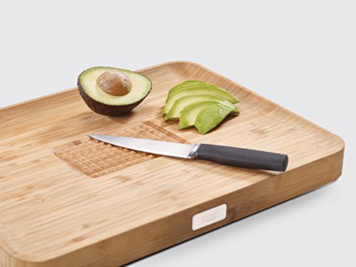 Joseph Joseph Cut & Carve Bamboo Cutting Board with Food Grip and Angled Surface Yellow Large