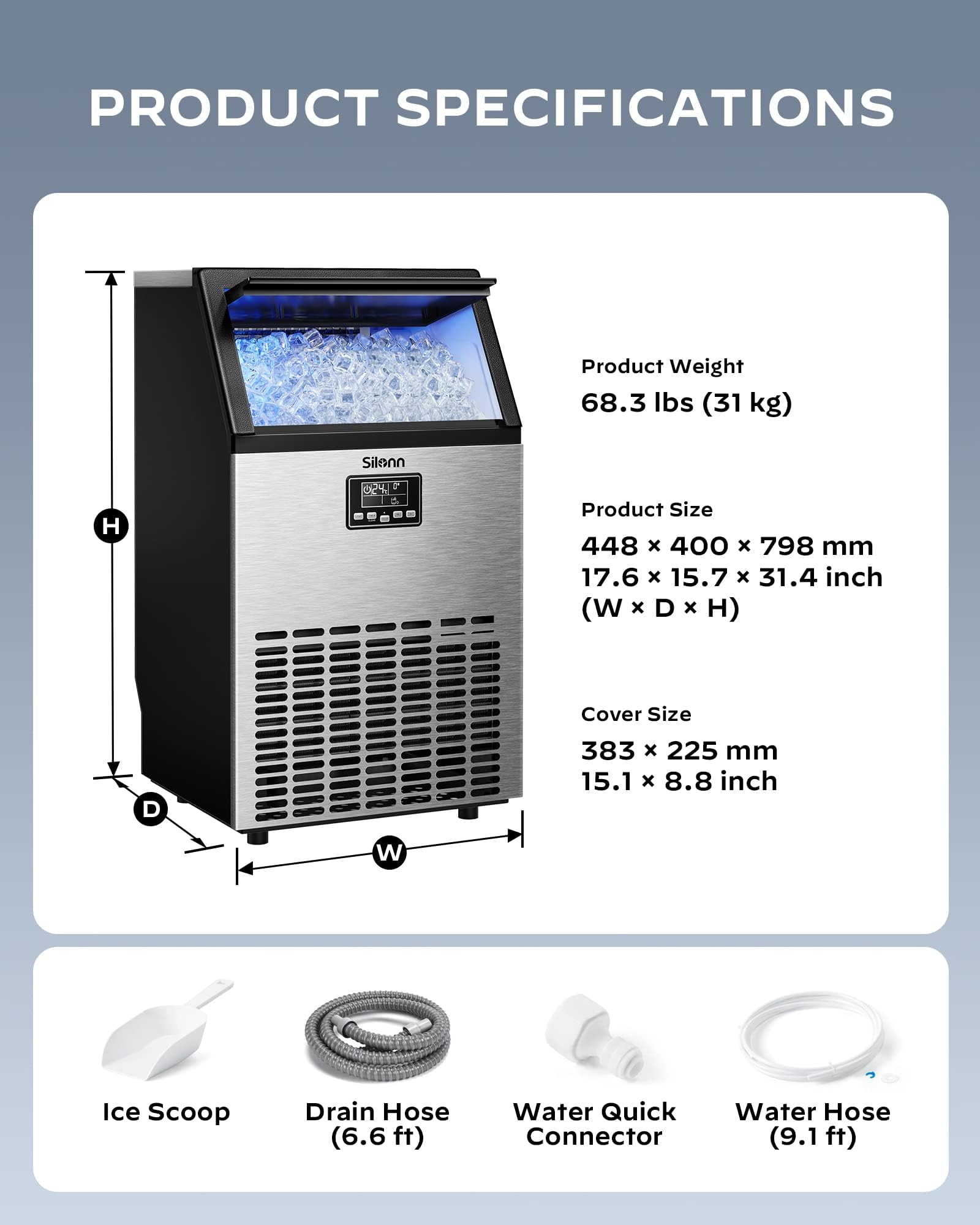 Silonn Commercial Ice Maker, Creates 150lbs in 24H, 33lbs Ice Storage Capacity, Stainless Steel Freestanding Ice Maker Machine with Auto Self-Cleaning for Home Office Bar Parties (SLIM12T)