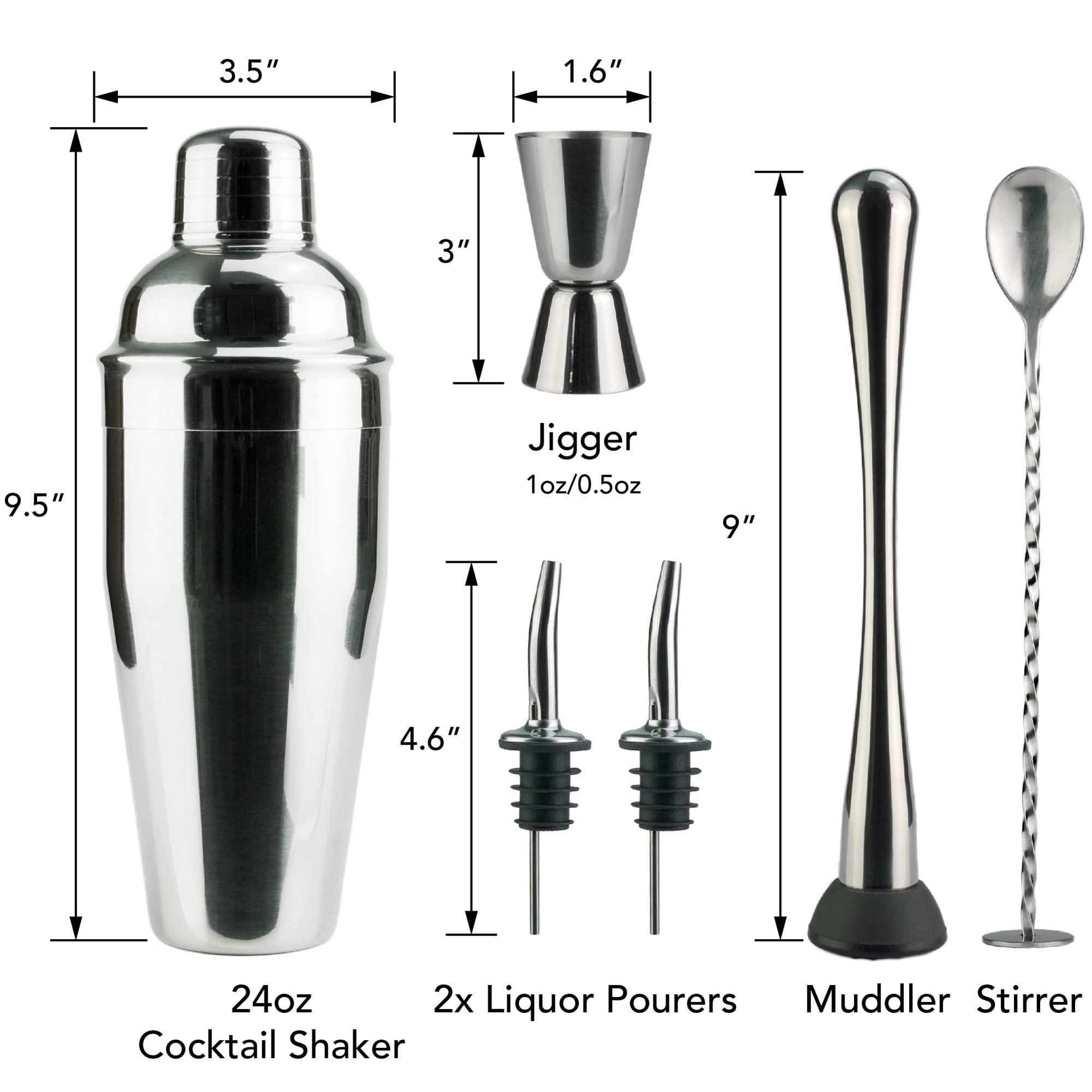 Arora Barware Set - 6pc - Stainless Steel - Professional Bar Tools for Drink Mixing, Home, Bar, Party, Silver, 24oz (851111)