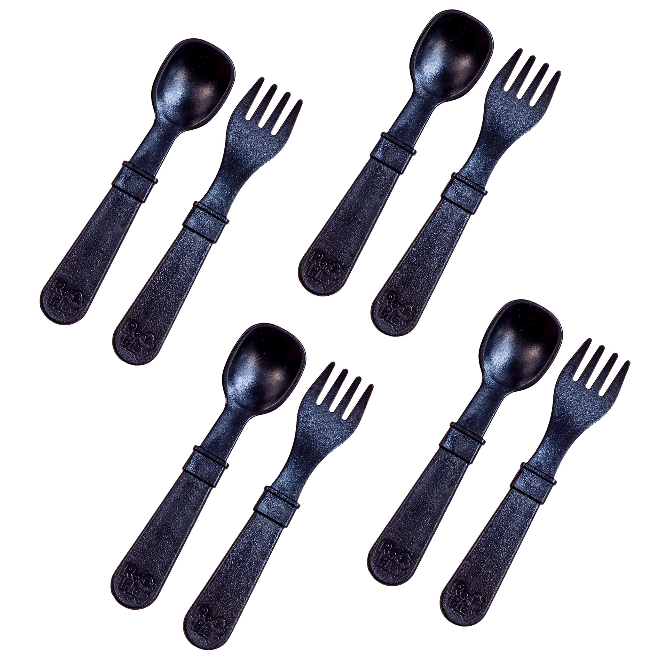Re-Play Made in USA Toddler Forks and Spoons, Pack of 8 Without Carrying Case - 4 Kids Forks with Rounded Tips and 4 Deep Scoop Toddler Spoons - 0.2" Thick Toddler Utensils, Black