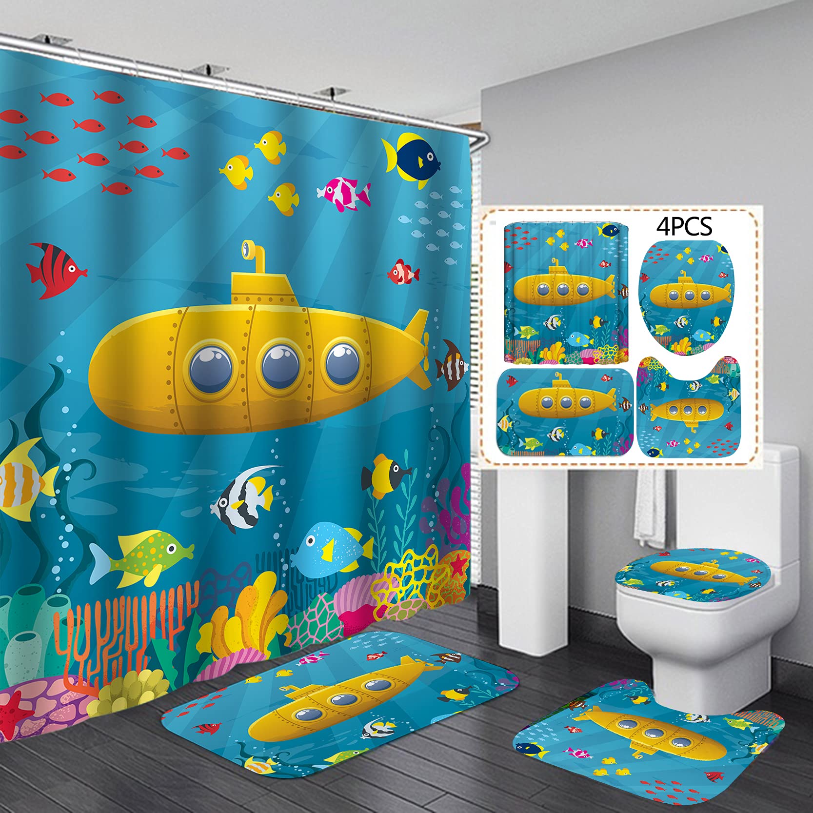 Blue Submarine Shower Curtain Sets with Rugs, Toilet Lid Cover and Bath Mat, Tropical Ocean Nautical Underwater World Bathroom Curtain Waterproof Polyester Fabric wtih Hooks 4PCS