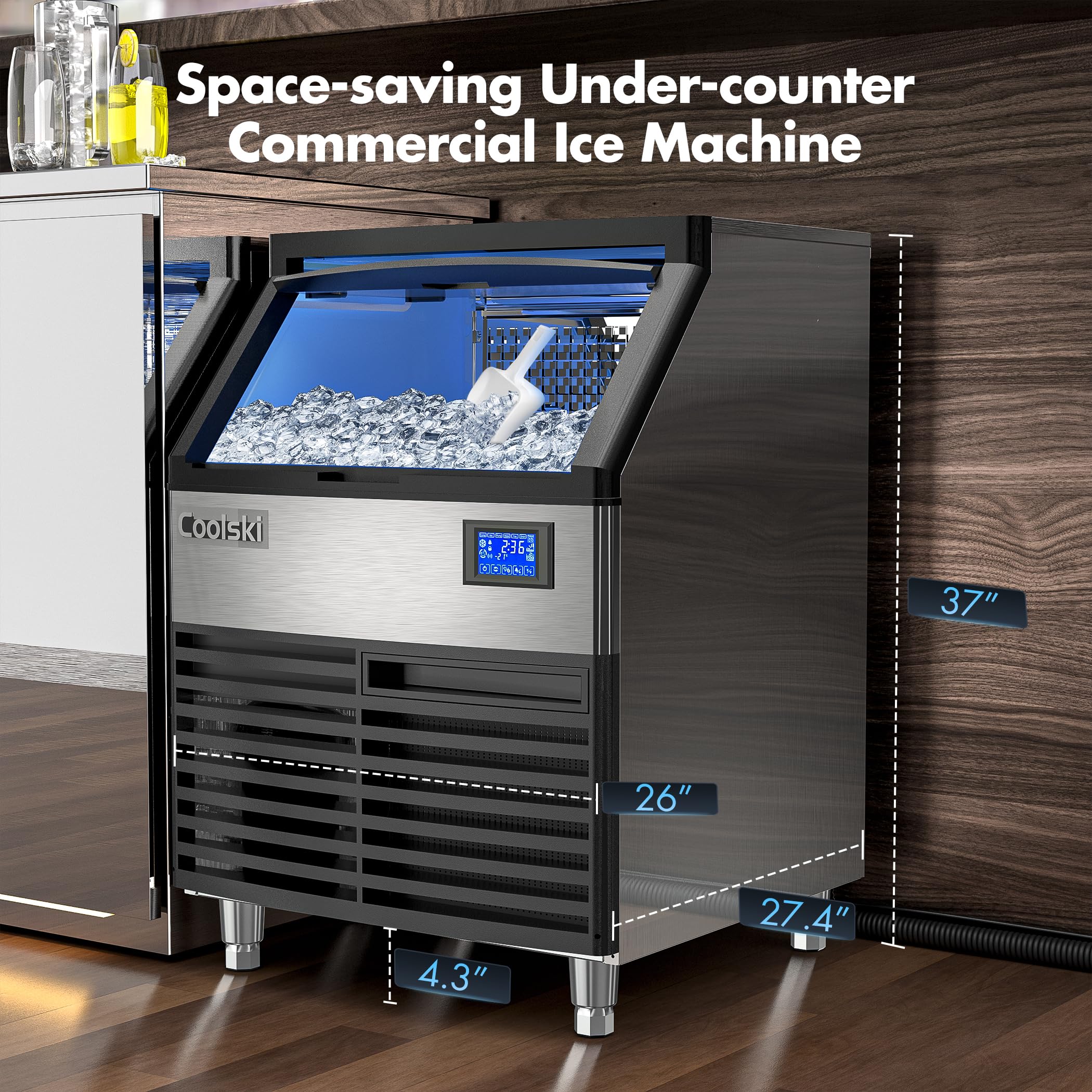 Coolski Commercial Ice Maker Machine 200LBS/24H, 26ββ Under Counter Ice Machine with 80LBS Storage Capacity, Stainless Steel Ice Maker for Restaurant/Bar/Home, Air Cooled/Clear Ice Cubes/ETL Approved