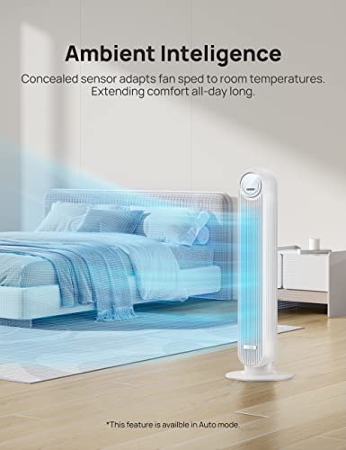 Dreo Tower Fan with Remote, Smart Oscillating Quiet Fans for Bedroom, Bladeless Standing Cooling Floor Fan with WiFi Voice Control Blow Cold Air, 4 Modes, 4 Speeds, 8H Timer, Works with Alexa/Google