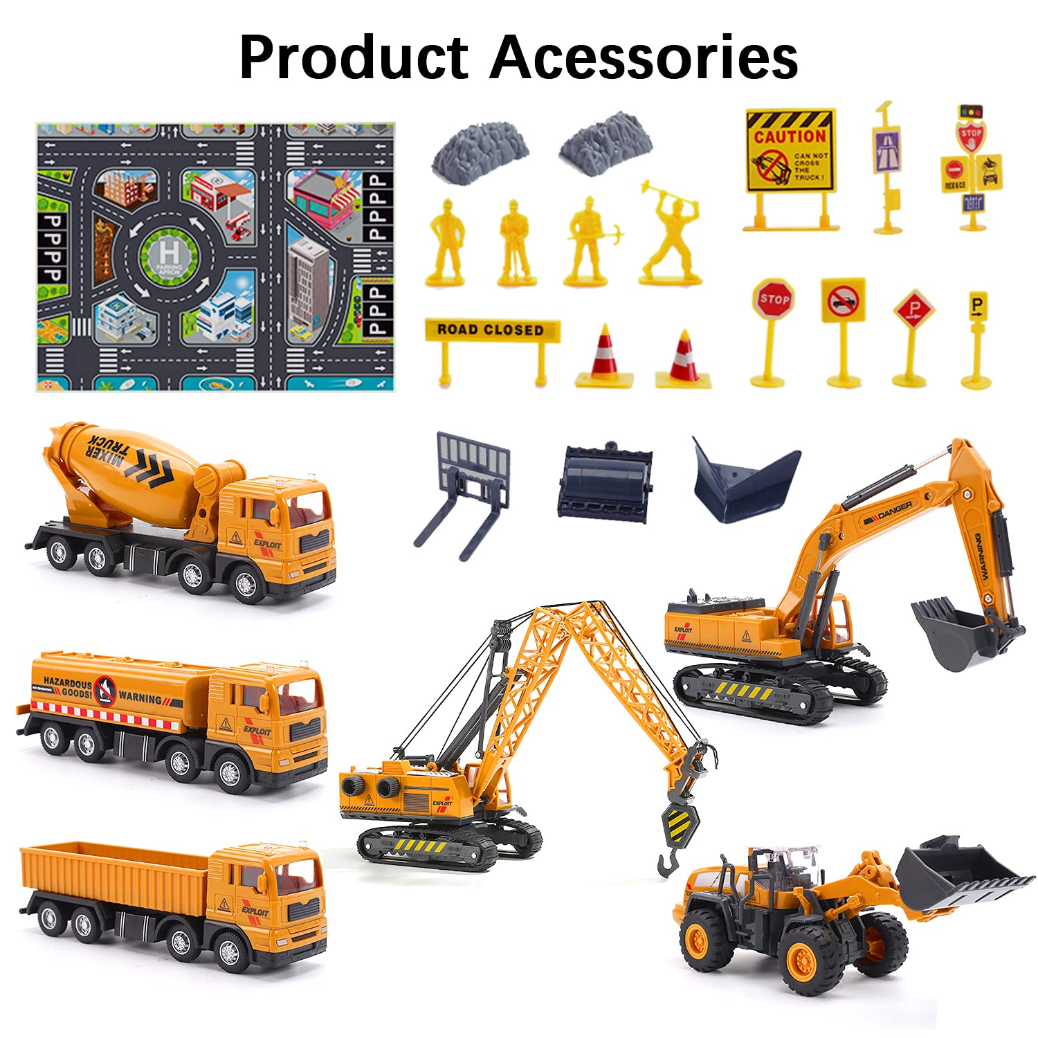 CUTE STONE Construction Vehicles Playset with Playmat, Kids Engineering Truck Set with Crane, Excavator, Tractor with 3 Interchangeable Parts, Cement, Truck, Educational Gift Toy for Toddlers Boys