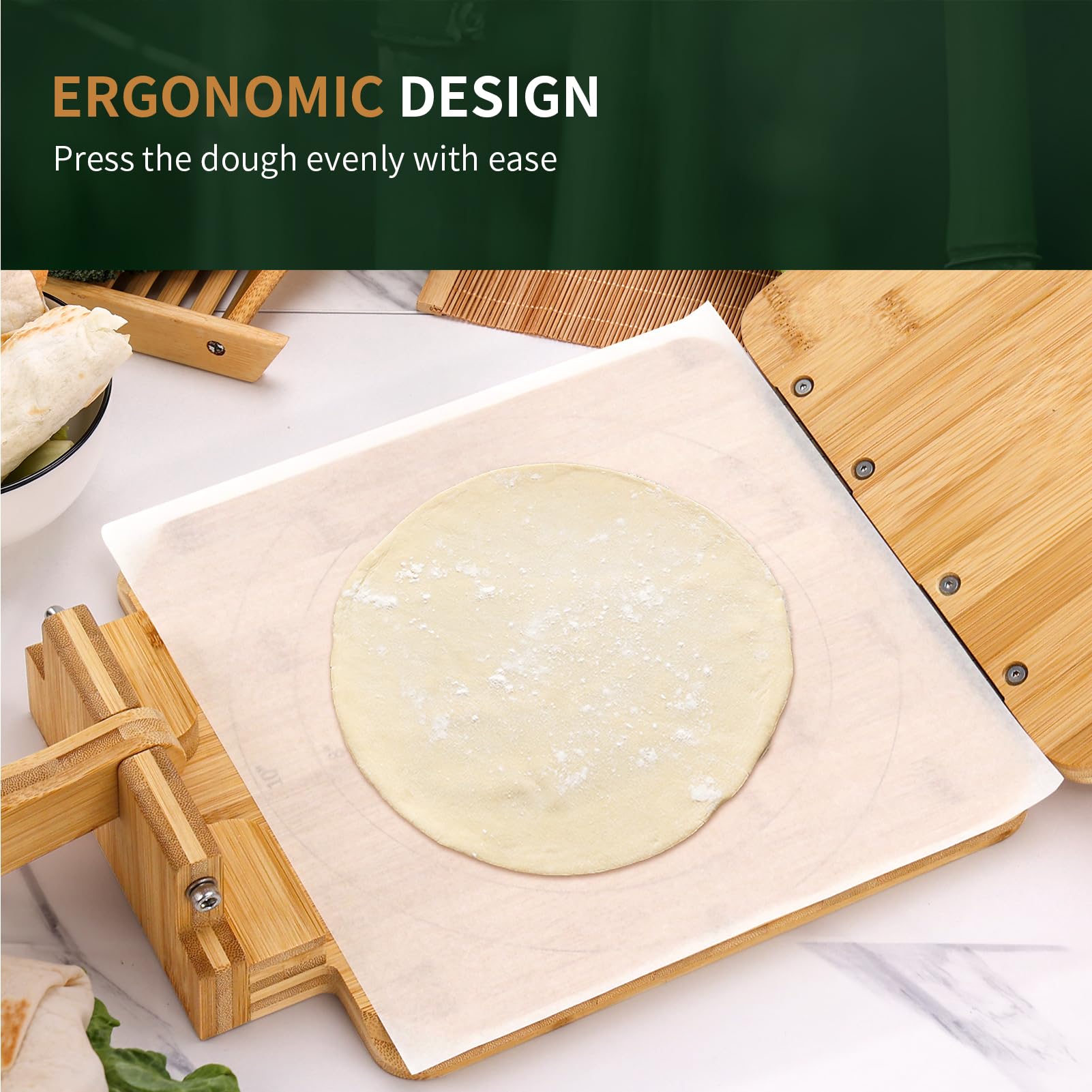 Ackitry Bamboo Tortilla Press 10 Inch, Square Tortilla Maker with 60 PCS Parchment Paper and Dough Scraper, Mexican Tortillera Presser for Homemade Tortillera, Pataconera, and Dough Press (4.5โ- 10")