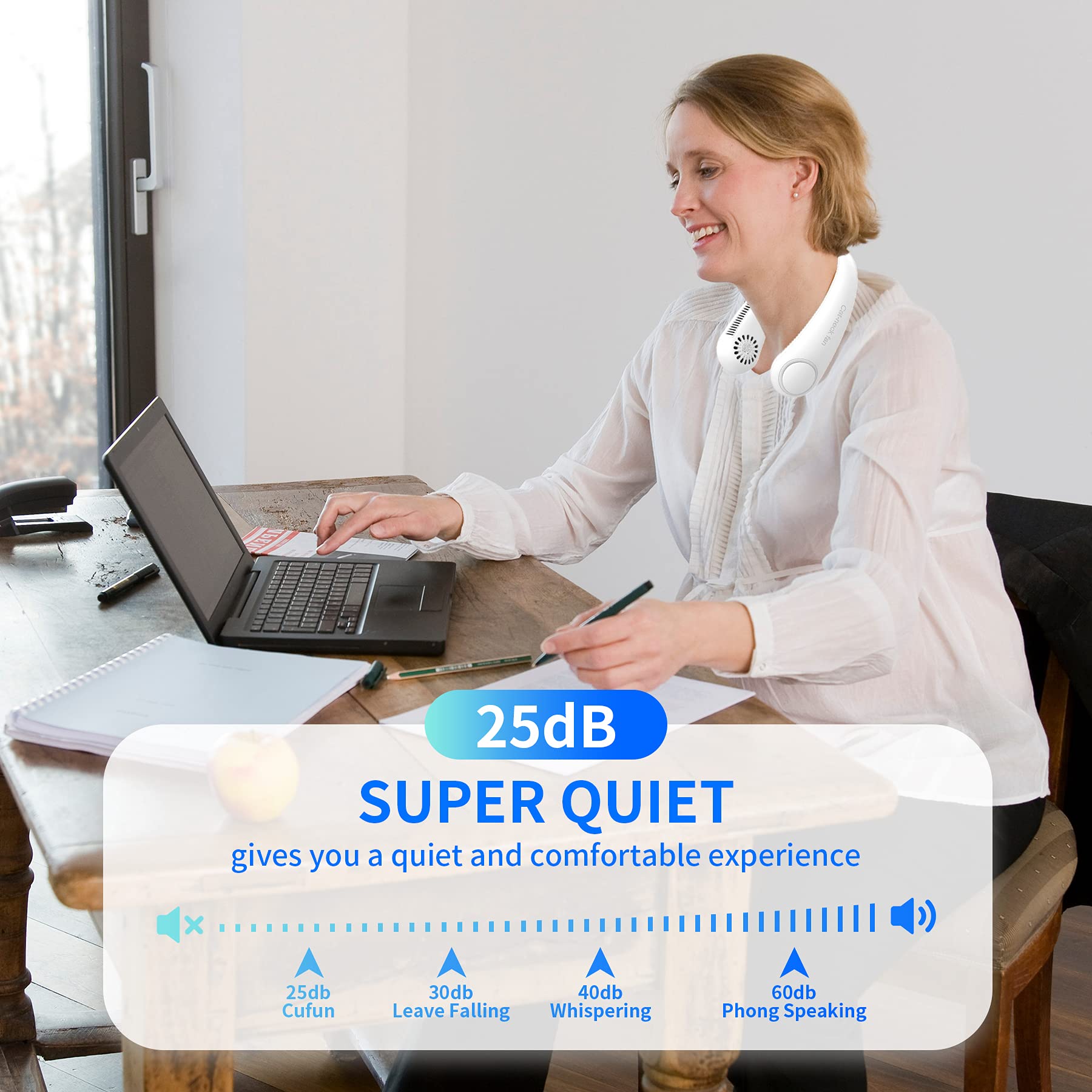 CuFun Portable Neck Fan, Hands Free USB Rechargeable Bladeless Fan, Mini Personal Neck Fan with Long-lasting Battery, 360° Cooling, Super Quiet, 3 Speeds for Outdoor & Indoor, White
