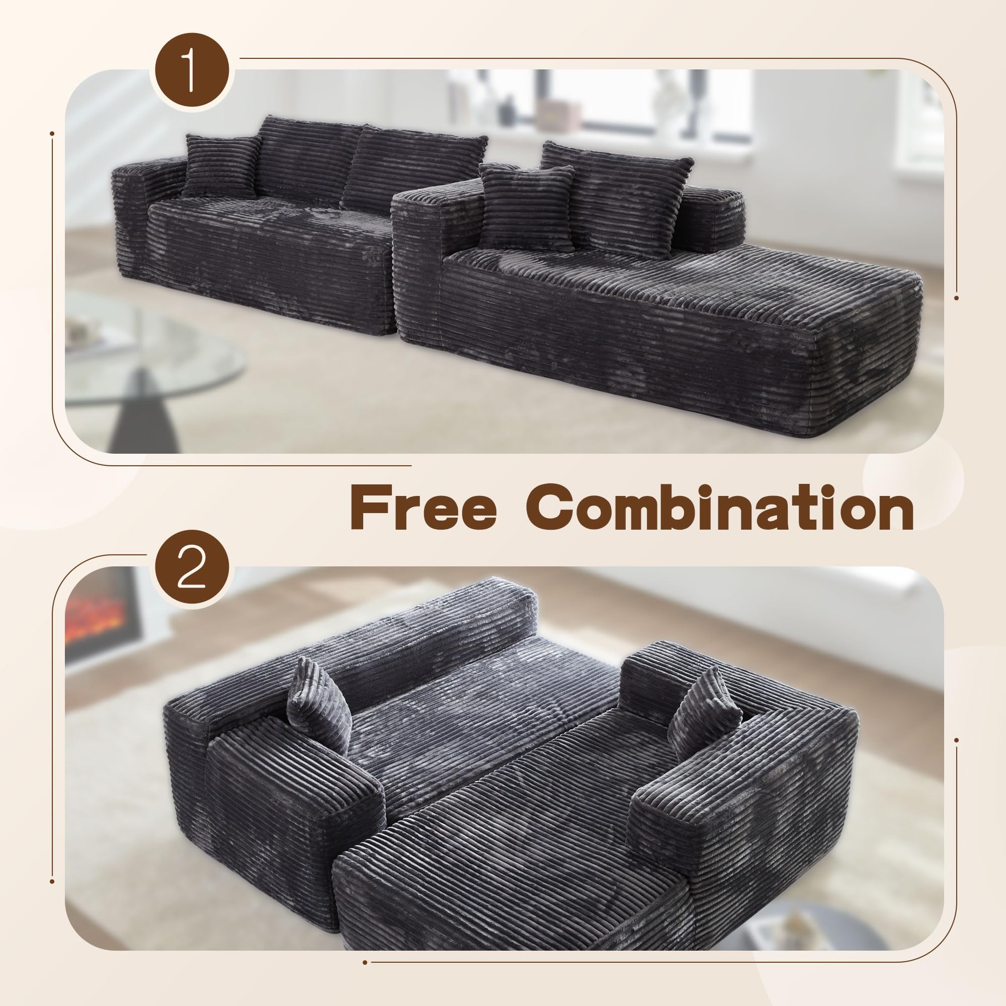 XIZZI Modular Sectional Sofa Couch,L-Shape Upholstered Cloud Couch,Modern Minimalist Couches for Living Room,Free Combination Deep Seat Corner Couch (Grey, Plush Corduroy,Right Facing Chaise)