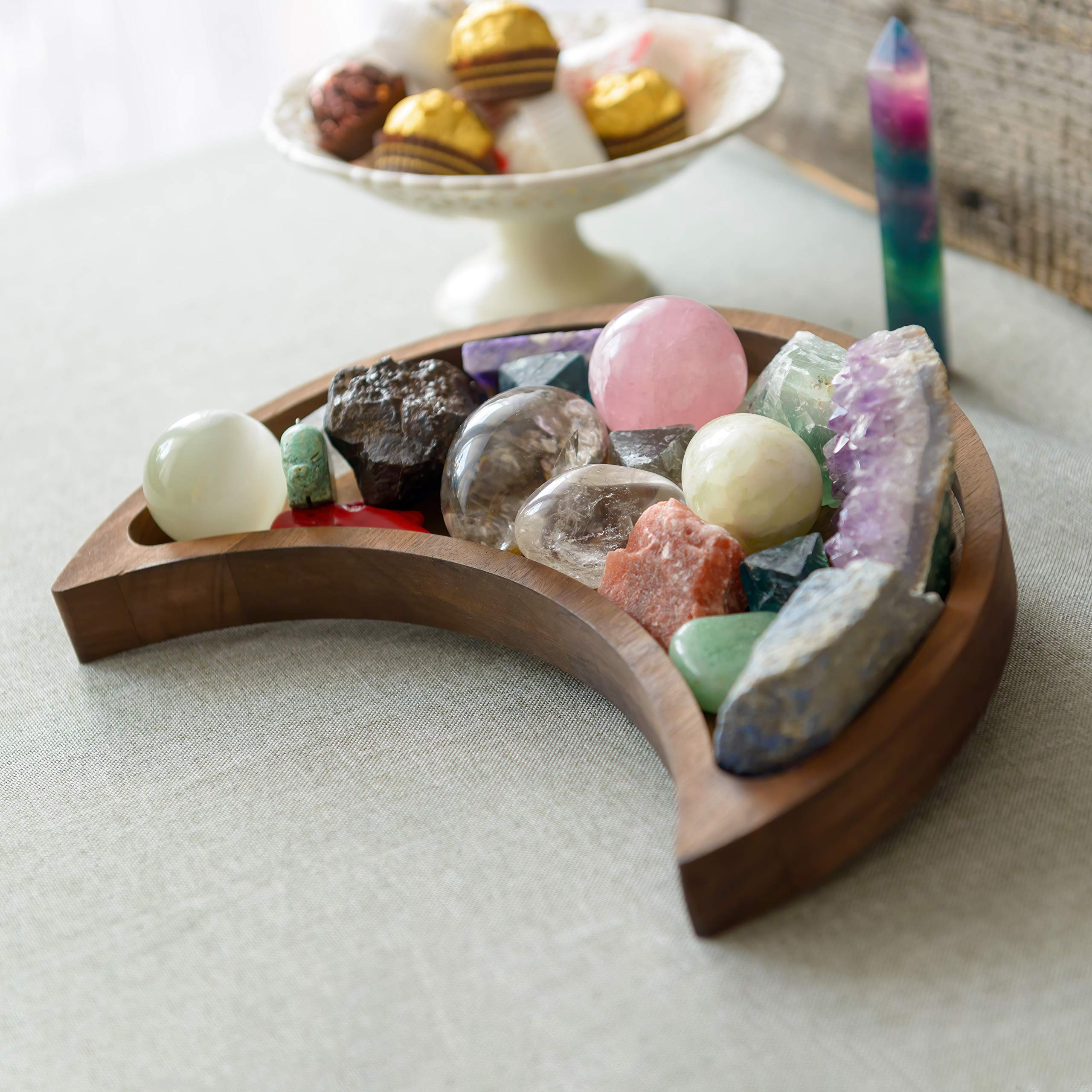 Curawood Moon Tray Crystal Holder - Display Your Crystals & Healing Stones - 10" x 5" Crescent Moon Tray for Crystals - Crystal Holder for Stones Display - Crystal Display Tray, Crystal Charging Plate
