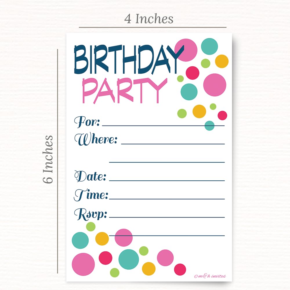 Adult or Teen Birthday Party Invitations Colorful Dots - Fill In Style (20 Count) With Envelopes