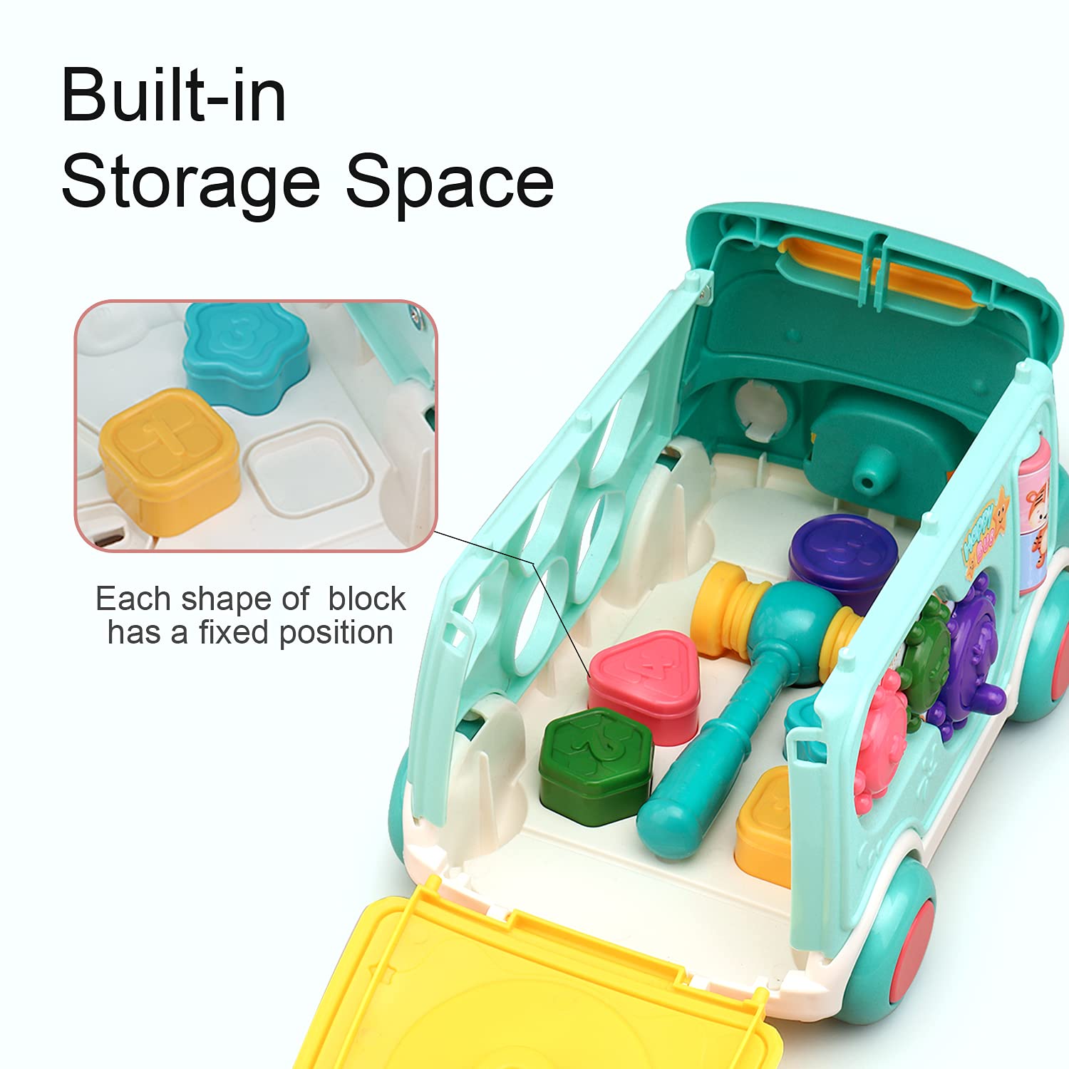 Cute Stone Push Pull Bus Toy, Baby Musical Learning Toys with Sound & Light, Whack-a-Mole Game, Shape Matching, Gear, Toy Clock, Activity Bus Toy Early Education Gift for Toddler Boys Girls