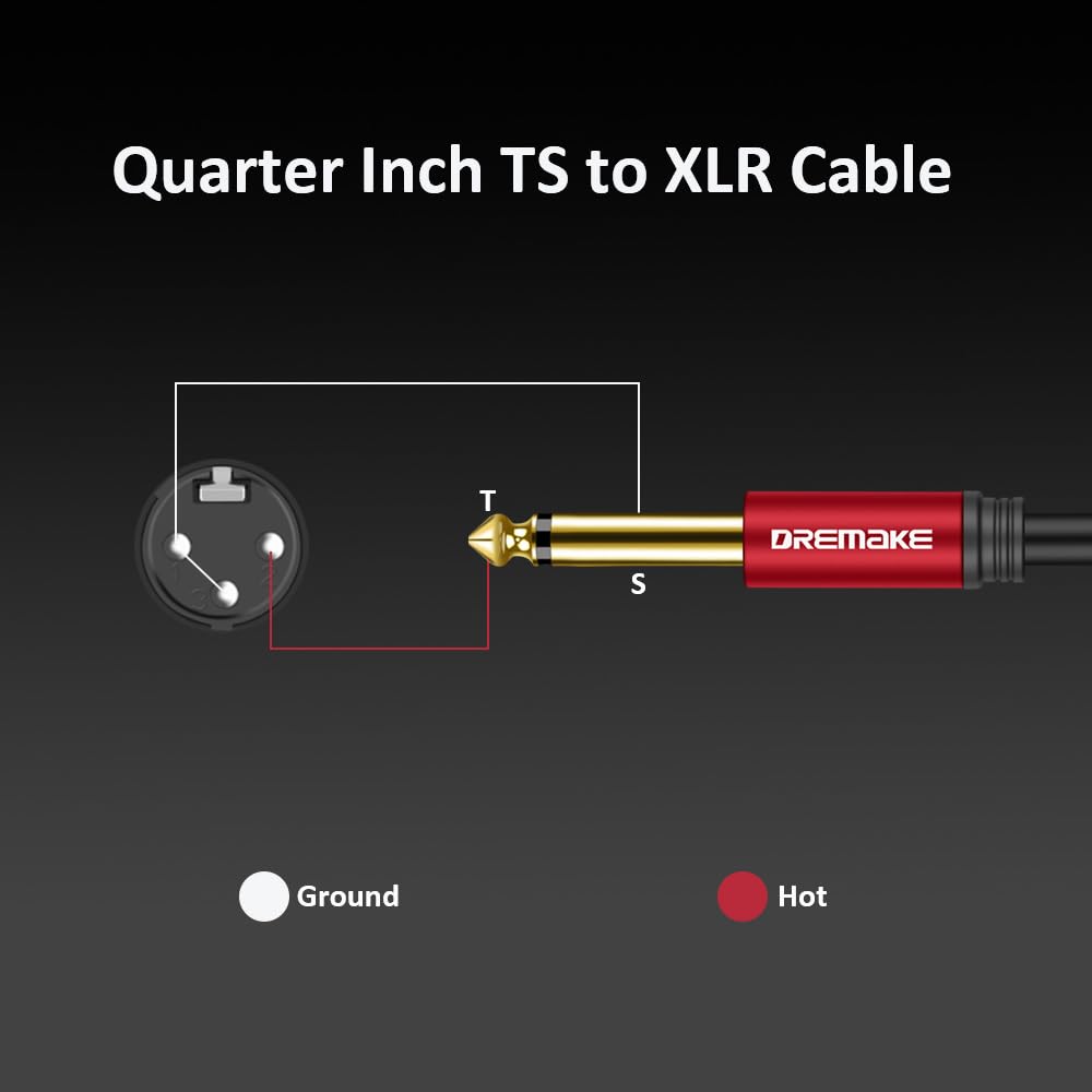 DREMAKE Unbalanced XLR 3-Pin Female to Jack 6.5mm 1/4 TS Male Mic Patch Cord, 25FT XLR to Jack 6.35mm Mono Audio Instrument Cable for Karaoke, Speaker System, Dynamic Microphone - Black