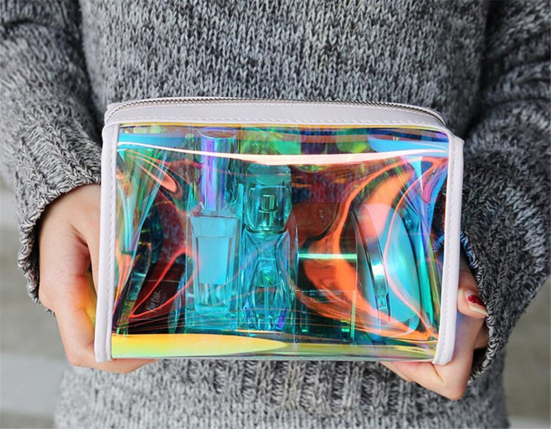 Susanki Holographic Transparent Makeup Case Clear Cosmetic Bag Organizer for Women