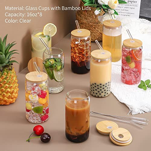 Drinking Glasses with Bamboo Lids and Glass Straw 8pcs Set, 16oz Beer Glasses Glass Cups, Iced Coffee Glasses, Ideal for Whiskey, Soda, Tea, Great Gift + 2 Cleaning Brushes