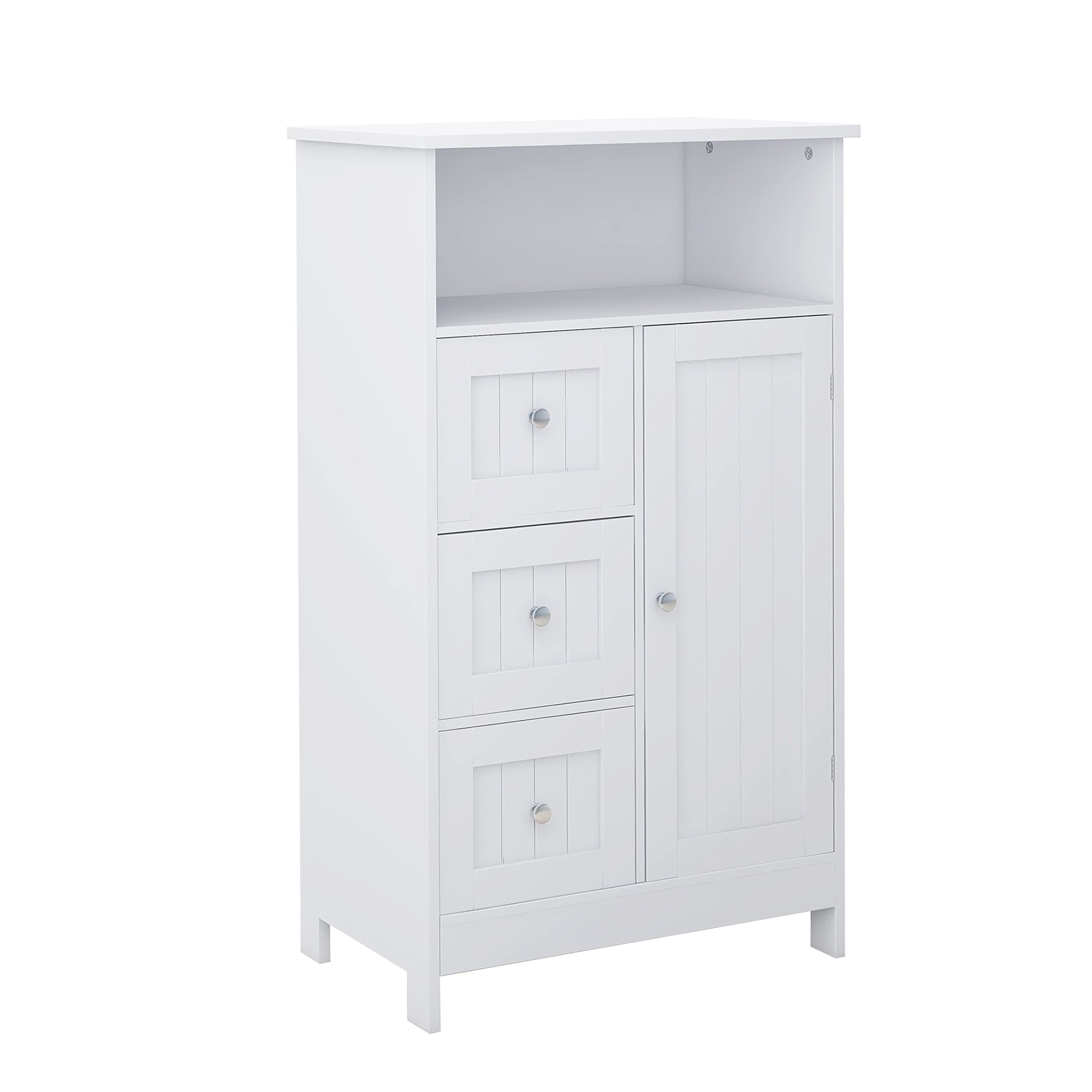 Knocbel Bathroom Floor Storage Cabinet with 3 Drawers, Open Compartment and Single Door, Free Standing Bath Organizer Unit, 23.6" W x 11.8" D x 39.6" H (White)