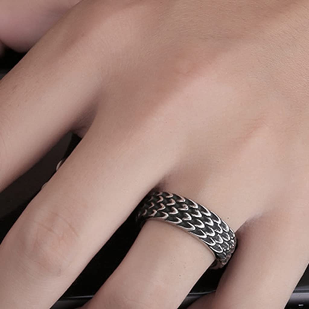 8mm Retro Vintage Stainless Steel Fish Snake Scale Pattern Band Style Biker Cocktail Party Halloween Ring (Silver Black, 9)