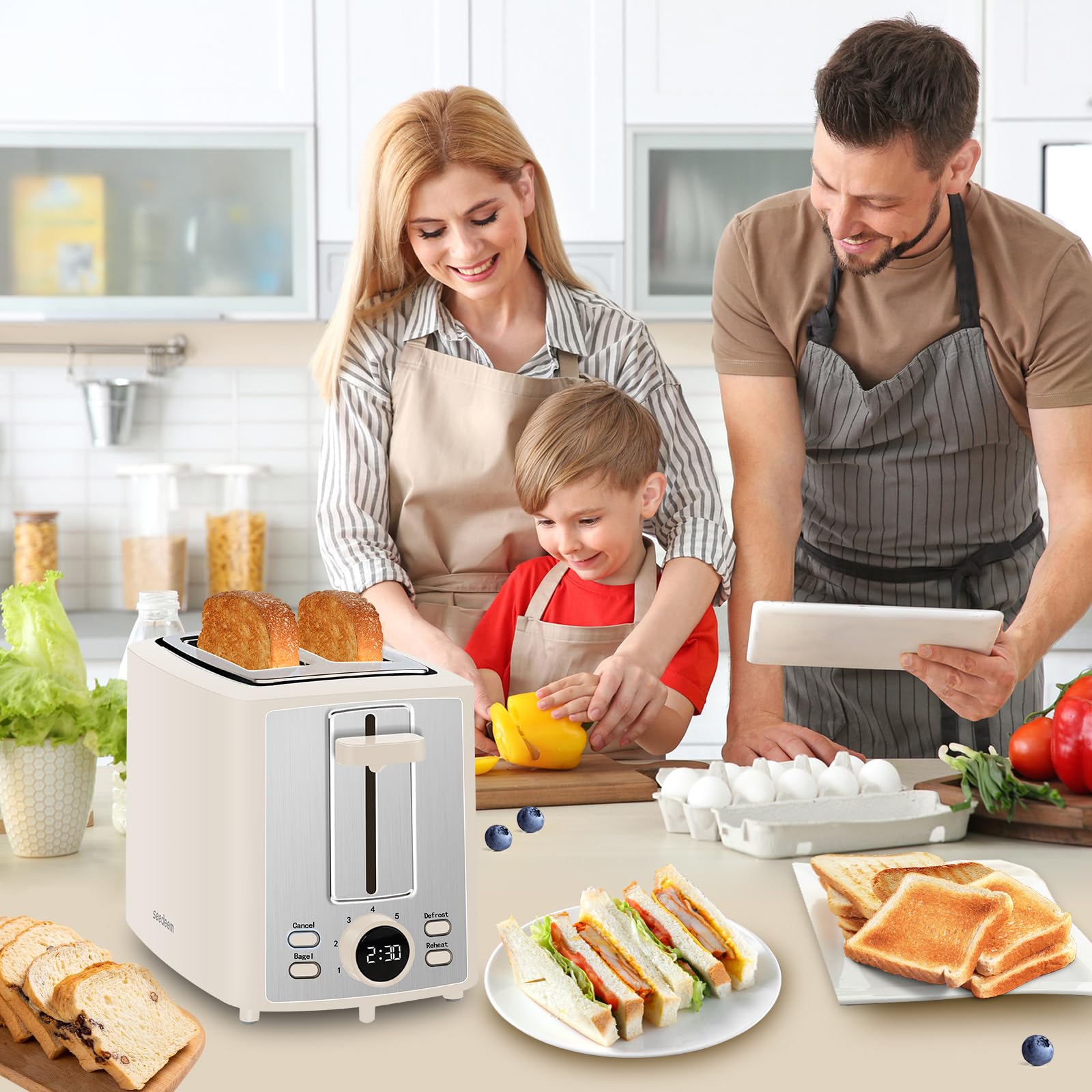 SEEDEEM Toaster 2 Slice, Bread Toaster with LCD Display, 7 Shade Settings, 1.4'' Extra Wide Slots Toaster with Cancel, Bagel, Defrost, Reheat Functions, Removable Crumb Tray, 900W, Cream White